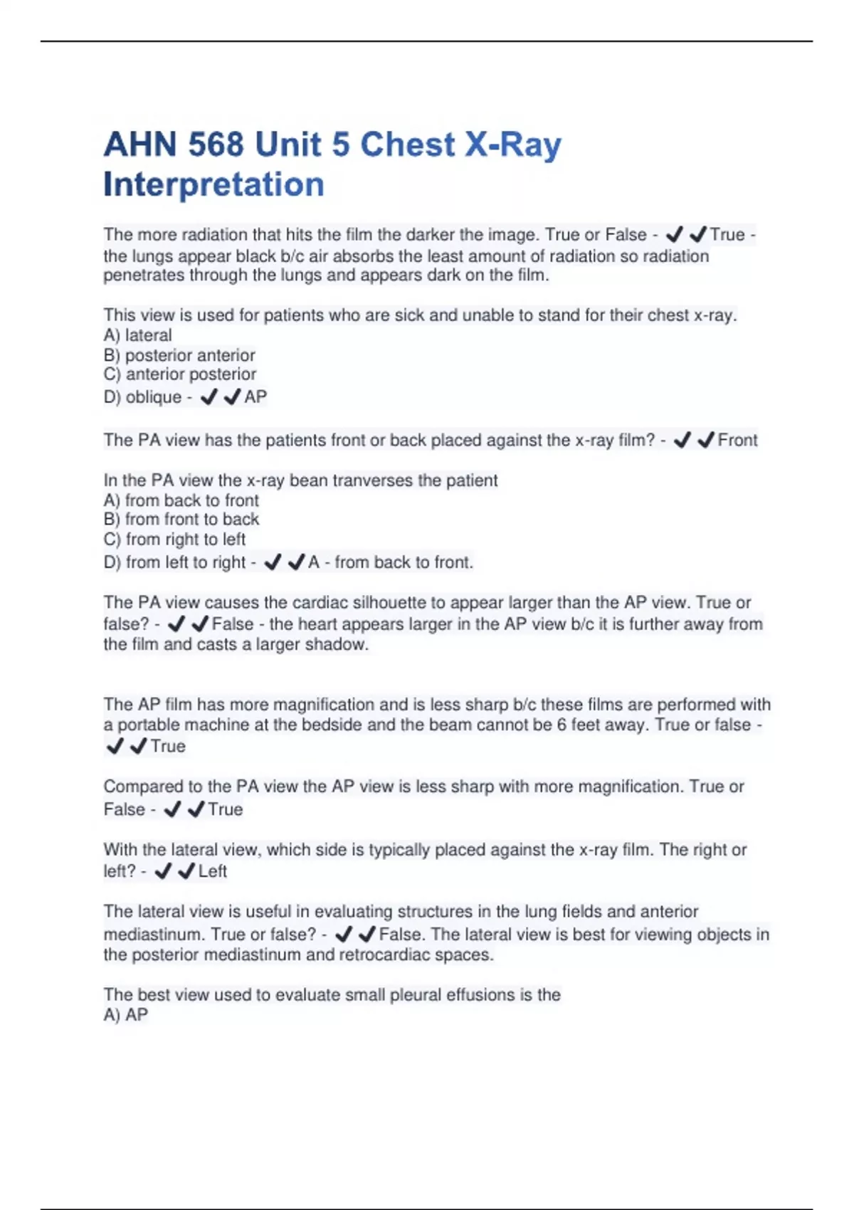 AHN 568 Unit 5 Chest X-Ray Interpretation Exam (100% correct and graded ...