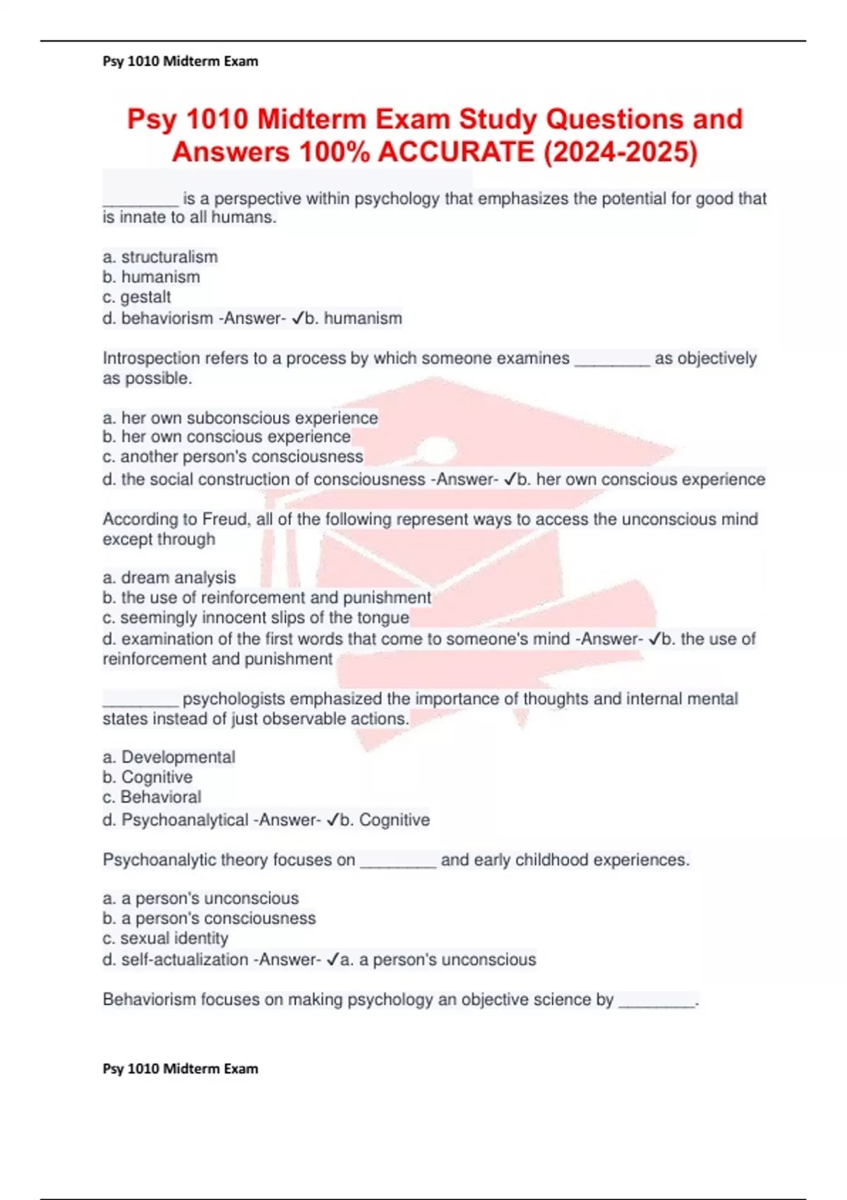 Psy 1010 Midterm Exam Study Questions and Answers 100% ACCURATE() - Psy 1010 - Stuvia US
