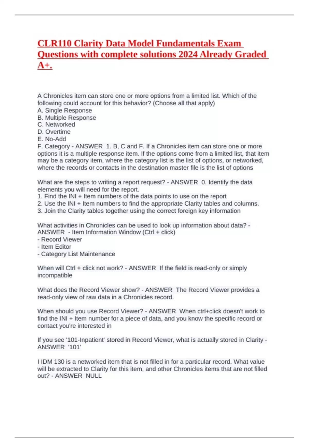 CLR110 Clarity Data Model Fundamentals Exam Questions with complete ...