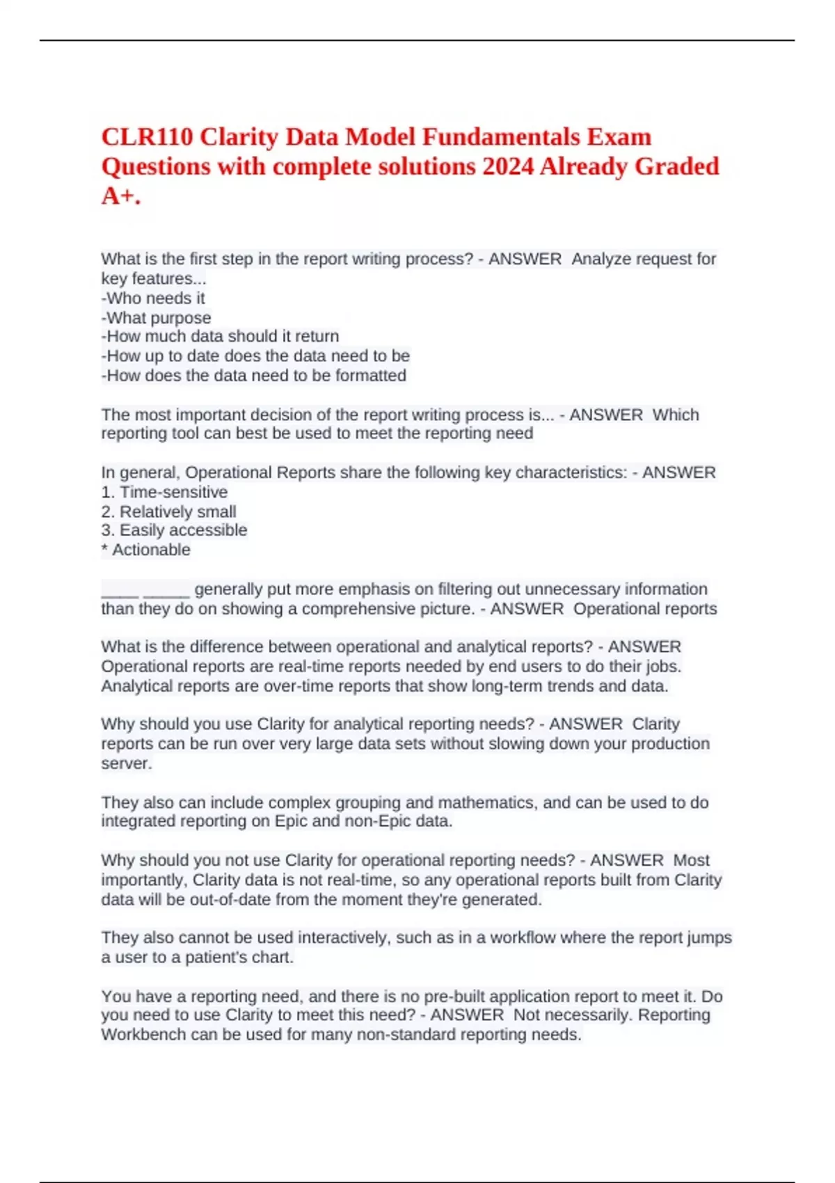 CLR110 Clarity Data Model Fundamentals Exam Questions with complete ...