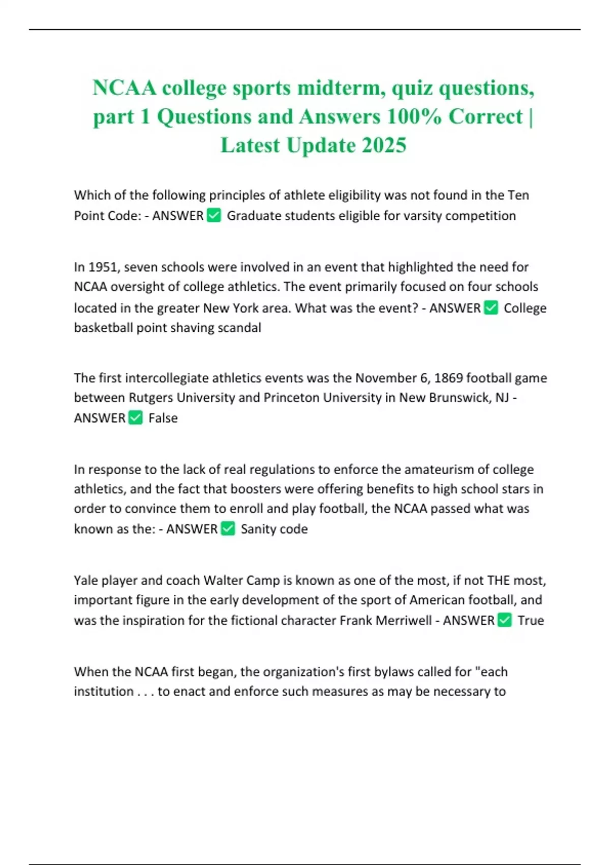 NCAA college sports midterm, quiz questions, part 1 Questions and ...