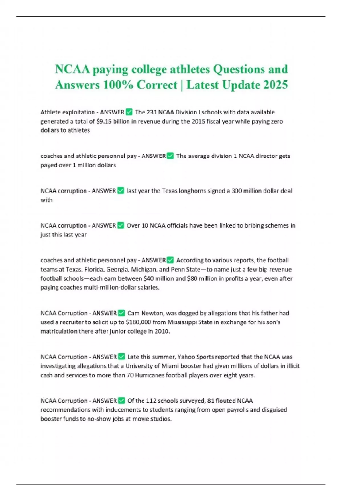 NCAA paying college athletes Questions and Answers 100% Correct ...