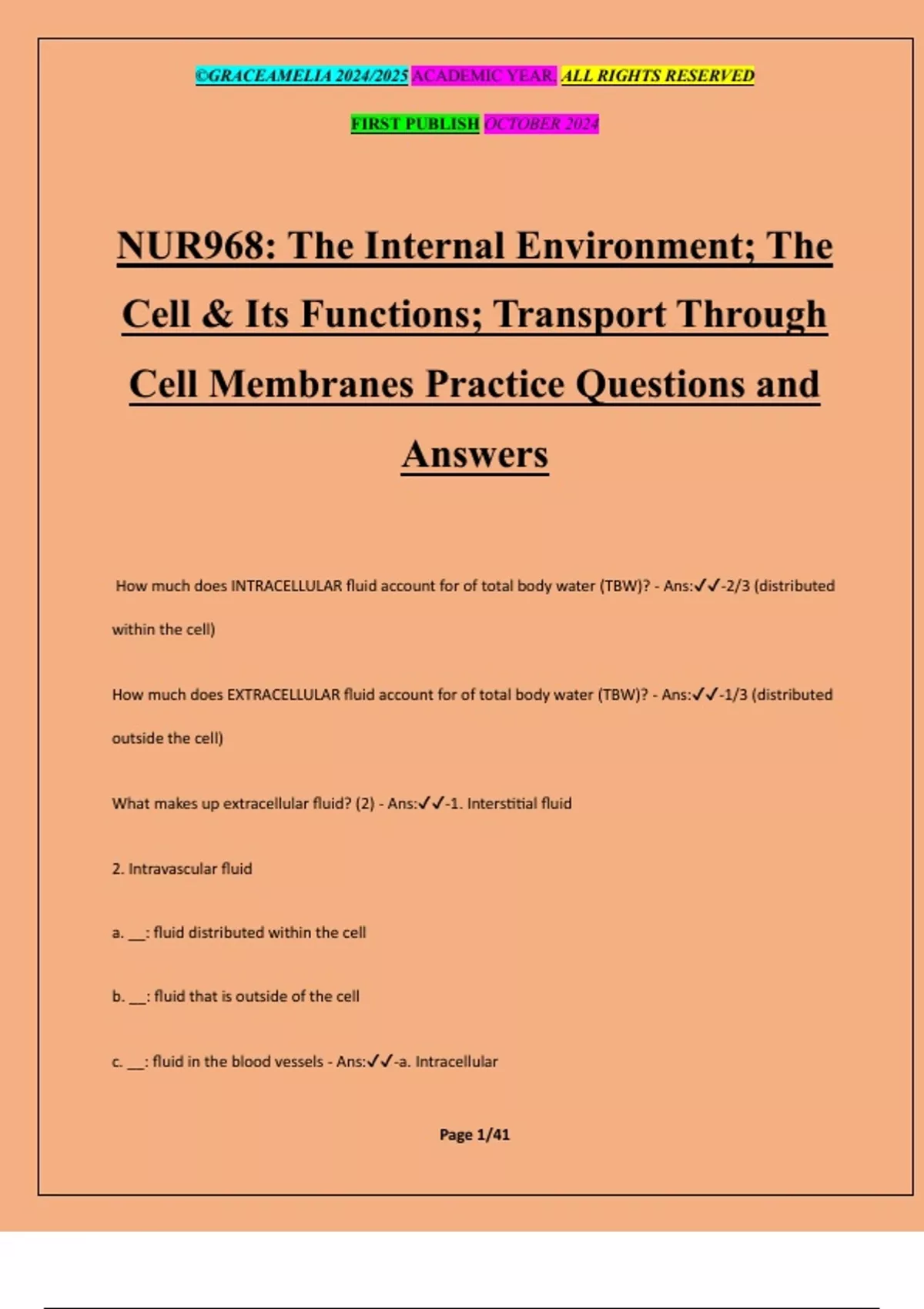 NUR968: The Internal Environment; The Cell & Its Functions; Transport ...