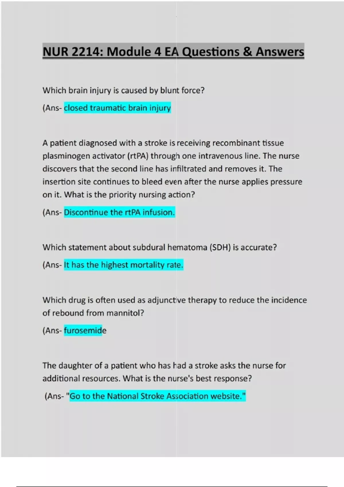 Module 4: NUR 2214 Module 4 :EA Questions & Answers: Latest Updated A ...