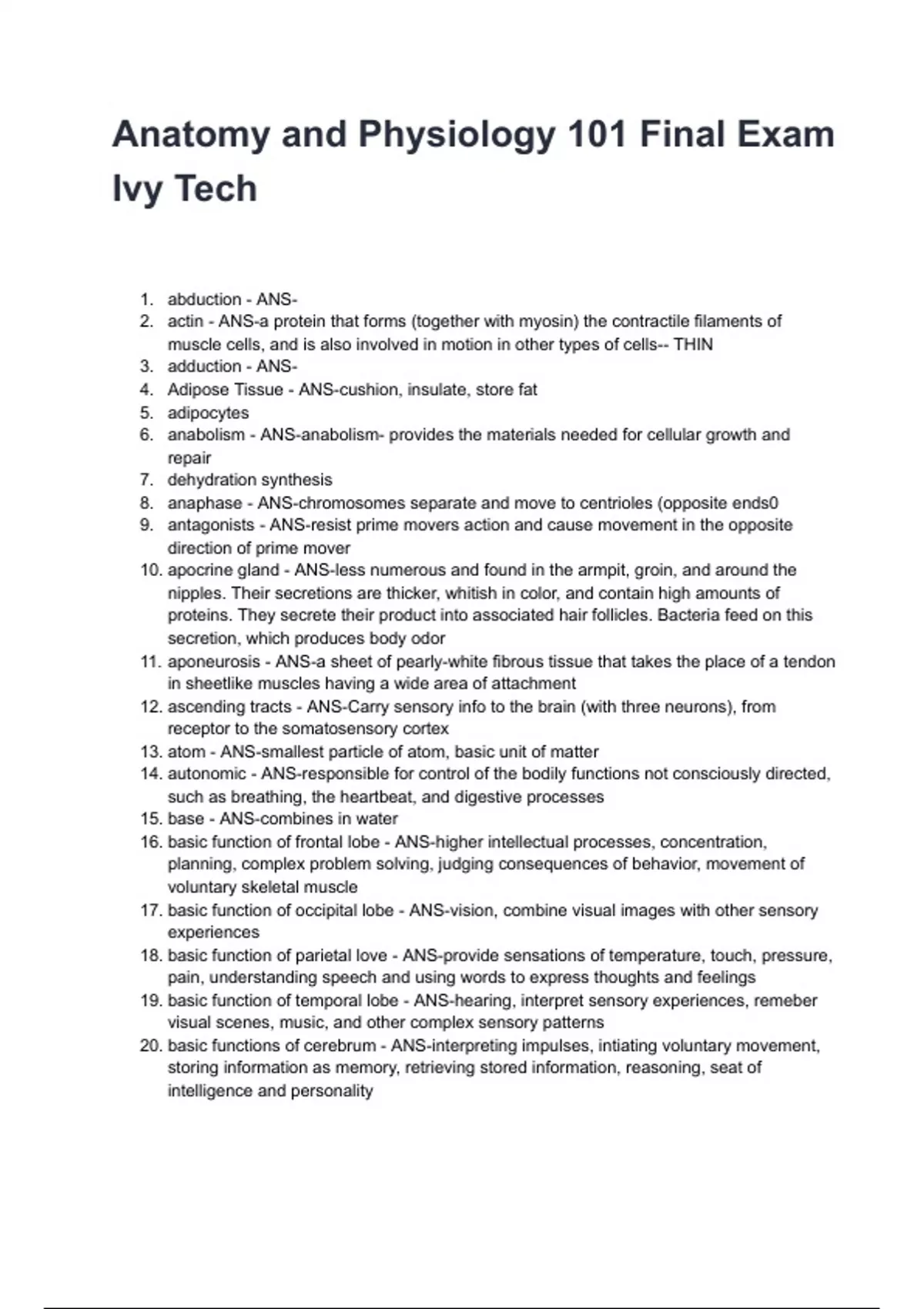 Anatomy And Physiology 101 Final Exam Ivy Tech Questions And Verified