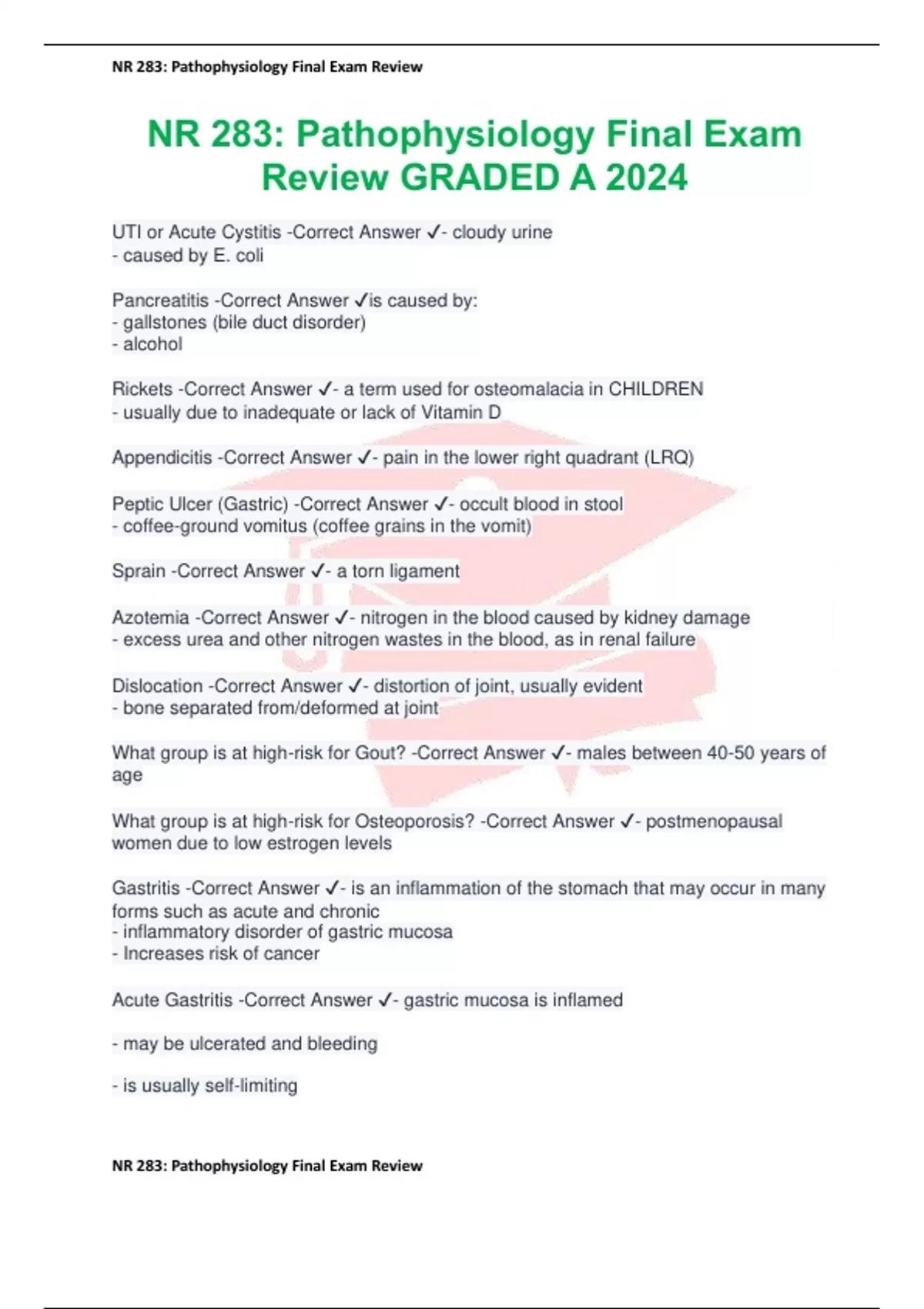 NR 283: Pathophysiology Final Exam Review GRADED A 2024 - NR 283 ...