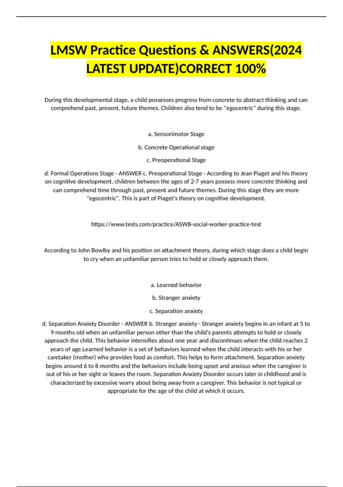 LMSW Practice Questions & ANSWERS(2024 LATEST UPDATE)CORRECT 100% ...