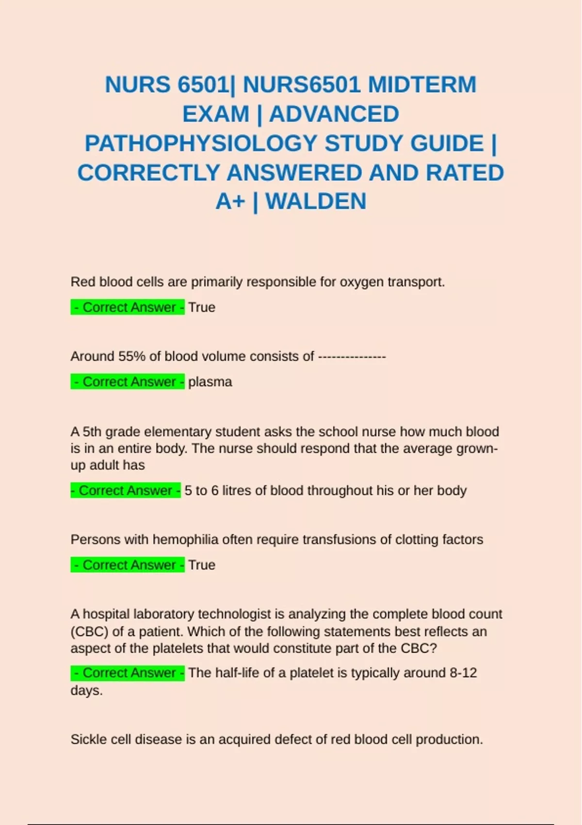 NURS 6501| NURS6501 MIDTERM EXAM | ADVANCED PATHOPHYSIOLOGY STUDY GUIDE | CORRECTLY ANSWERED AND ...