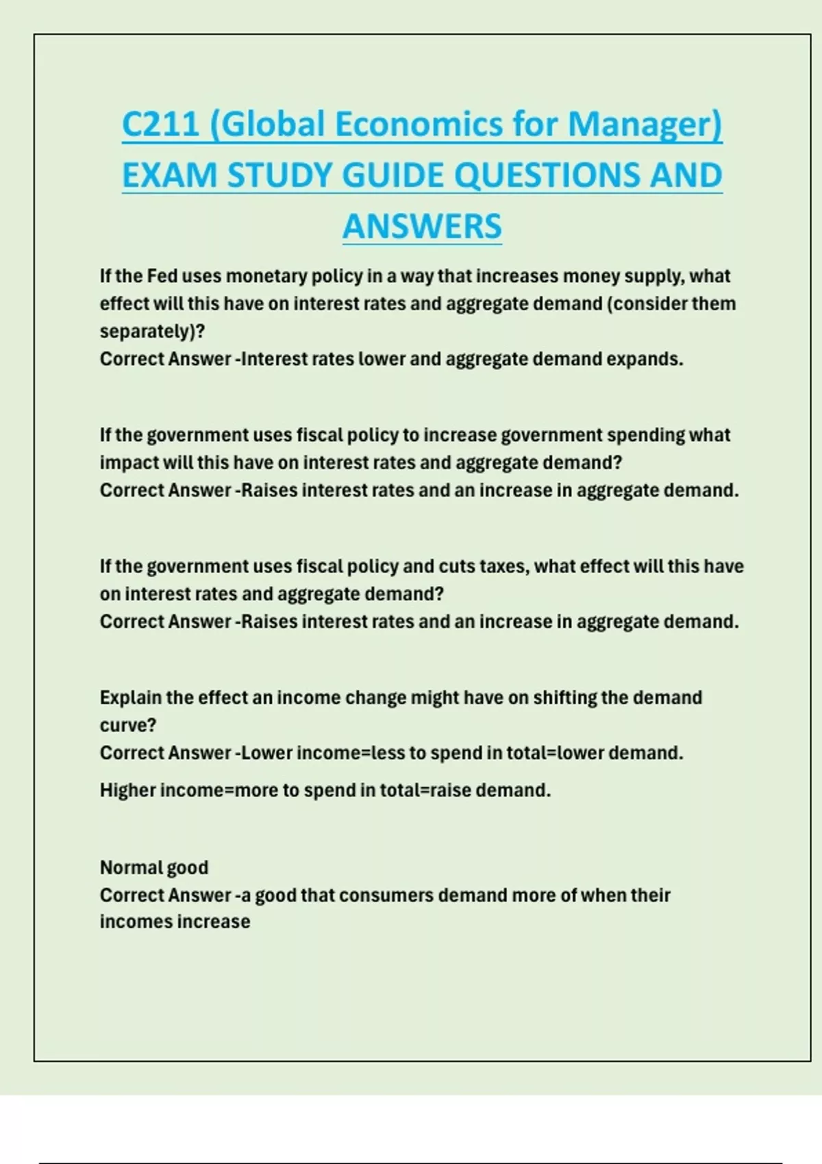 C211 (Global Economics for Manager) EXAM STUDY GUIDE QUESTIONS AND ...