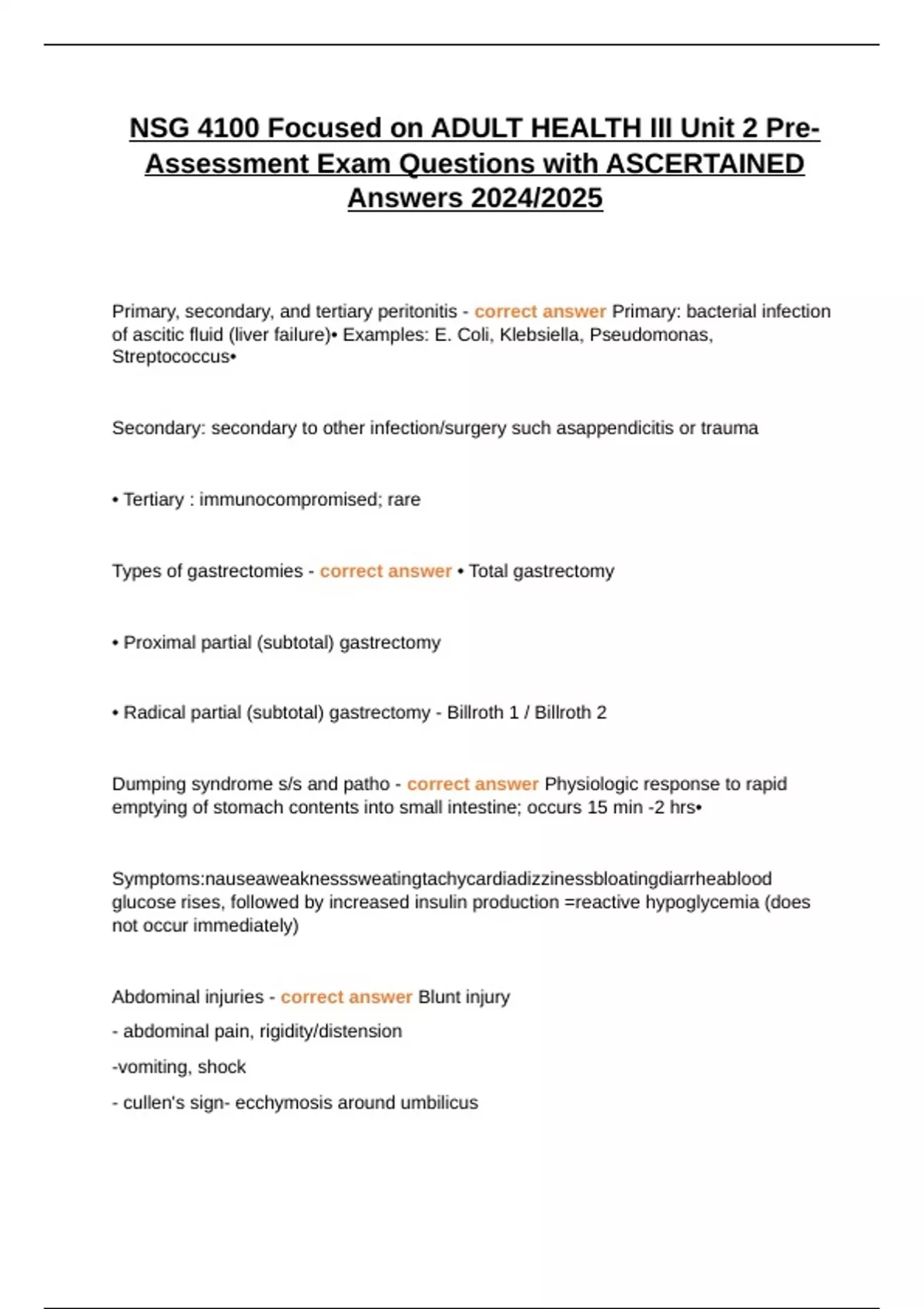 NSG 4100 Focused on ADULT HEALTH III Unit 2 Pre-Assessment Exam ...