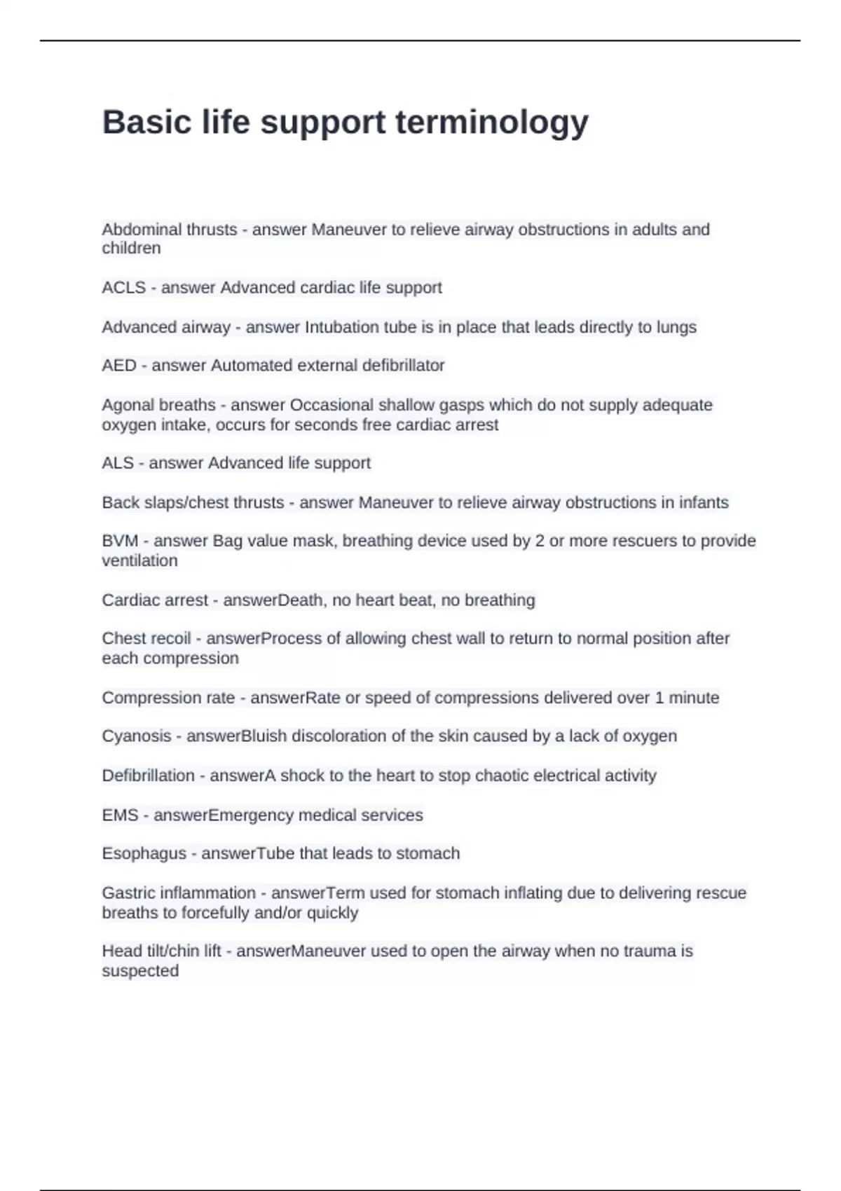 Basic life support terminology Questions and Answers 2024 - Basic life ...