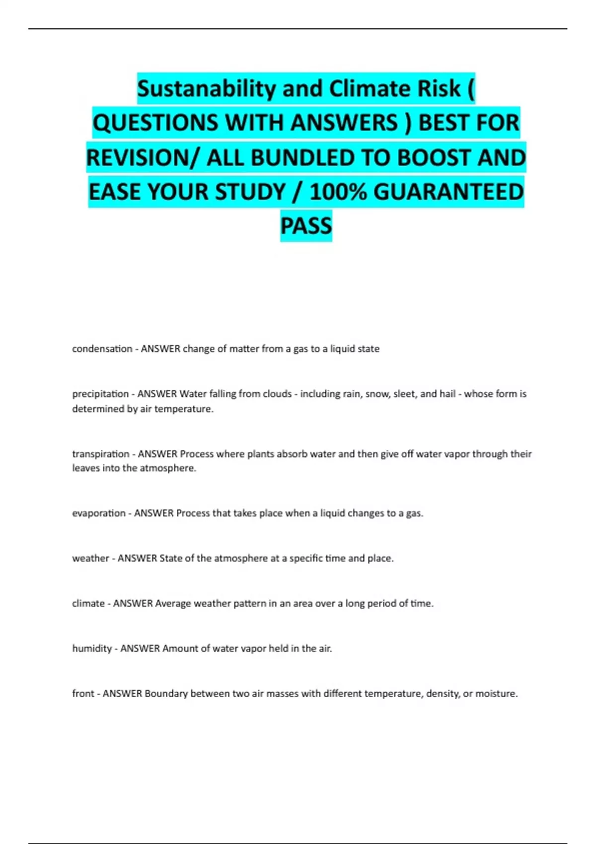 SUSTAINABLE ECOSYSTEMS AND CLIMATE CHANGE ( WITH ANSWERS ) BEST FOR ...