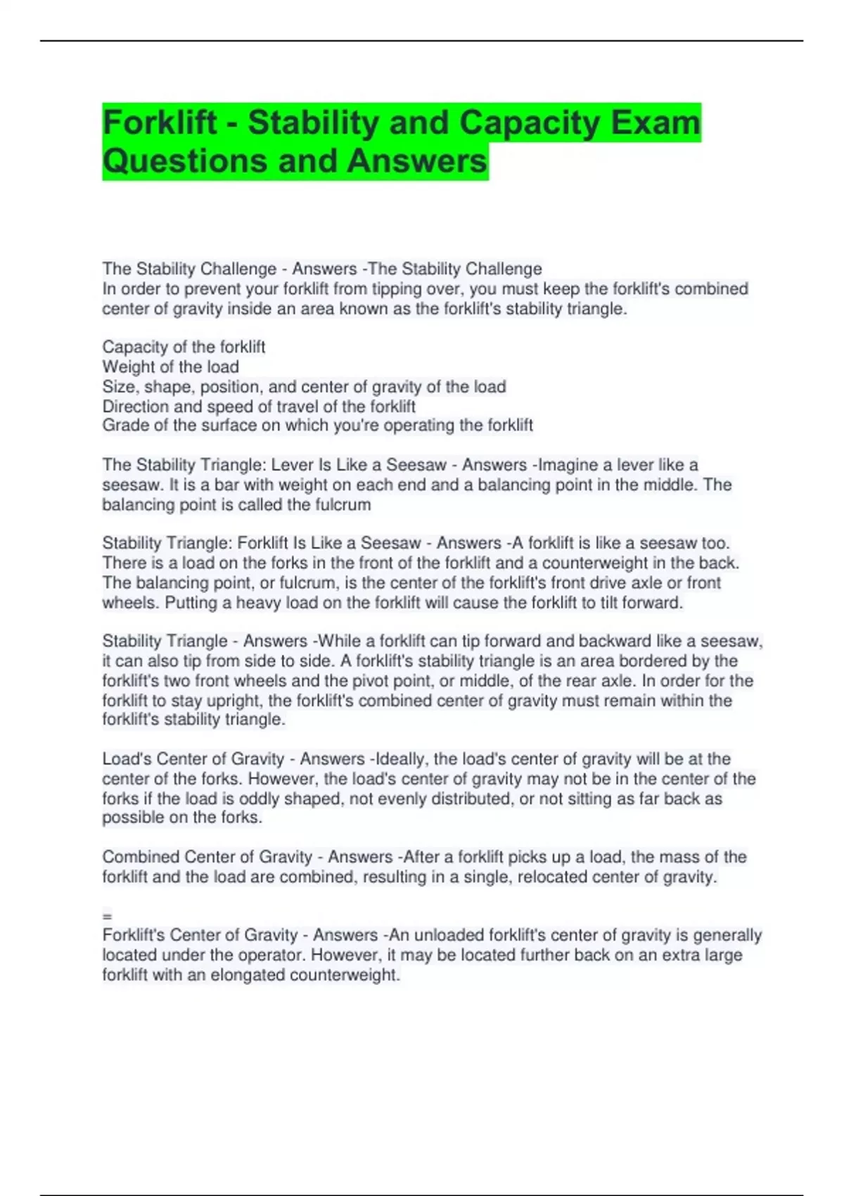 Forklift - Stability and Capacity Exam Questions and Answers - Forklift ...