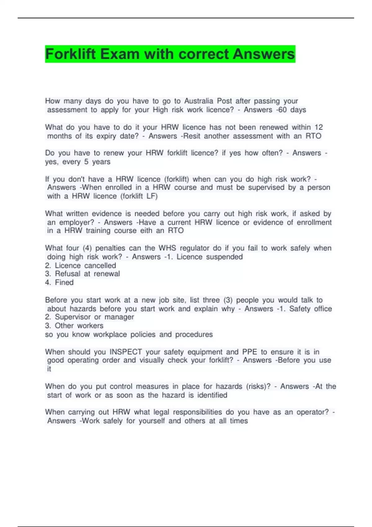 Forklift Exam with correct Answers - Forklift - Stuvia US