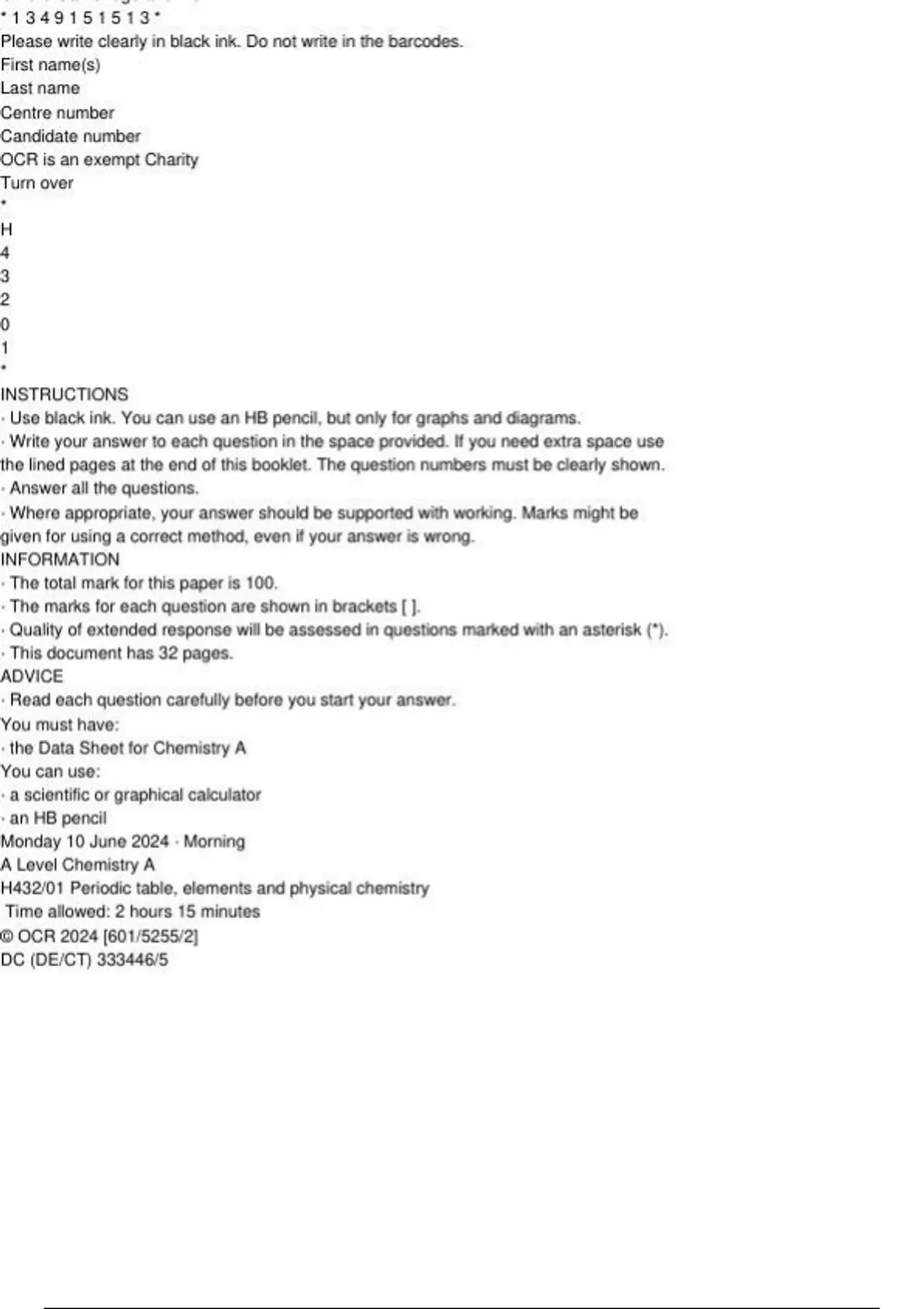 OCR Chemistry A (A Level) H432_01 Periodic table, elements and physical ...