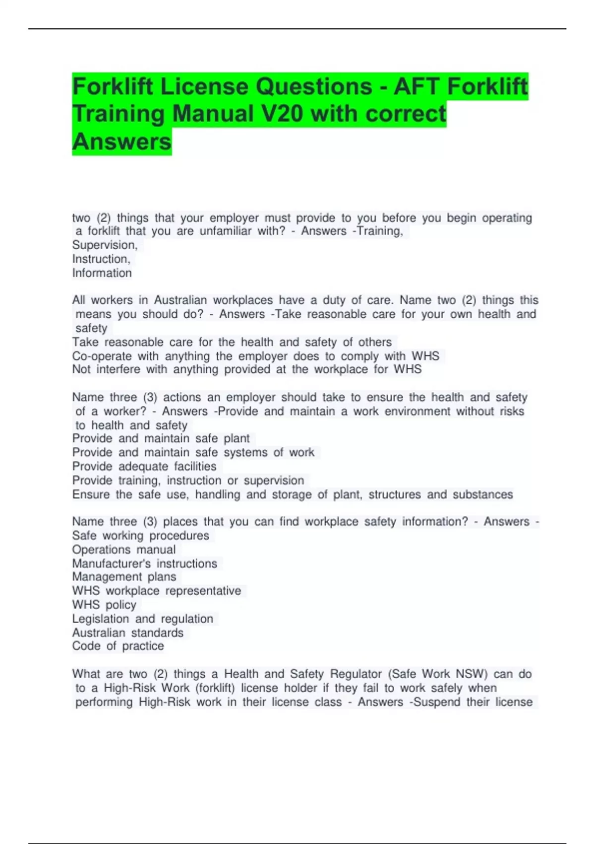 Forklift License Questions - AFT Forklift Training Manual V20 with ...