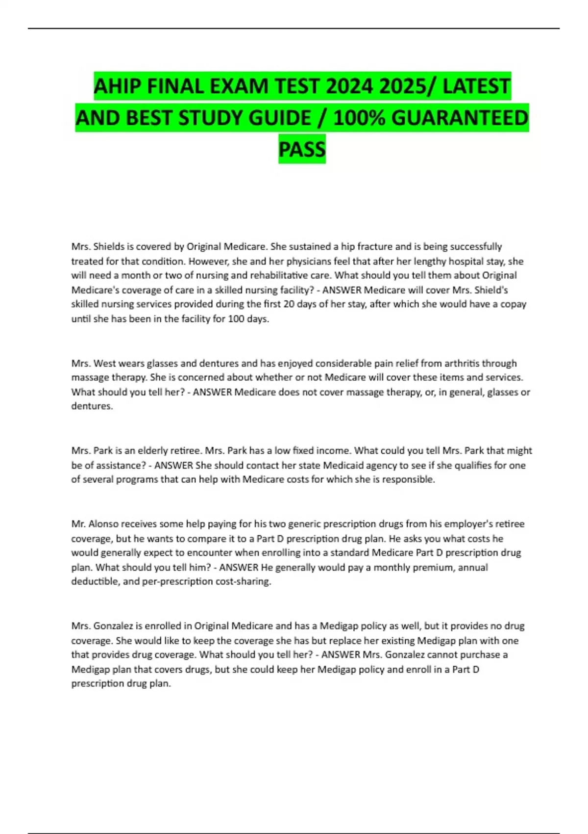 AHIP FINAL EXAM TEST / LATEST AND BEST STUDY GUIDE / 100% GUARANTEED ...