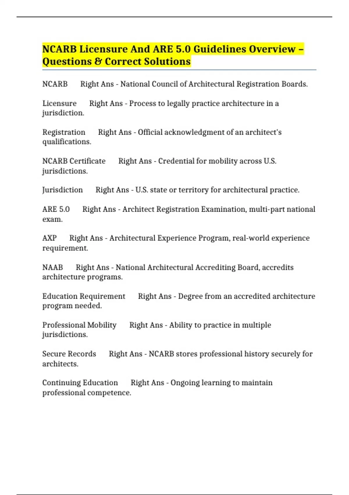 NCARB Licensure And ARE 5.0 Guidelines Overview – Questions & Correct ...