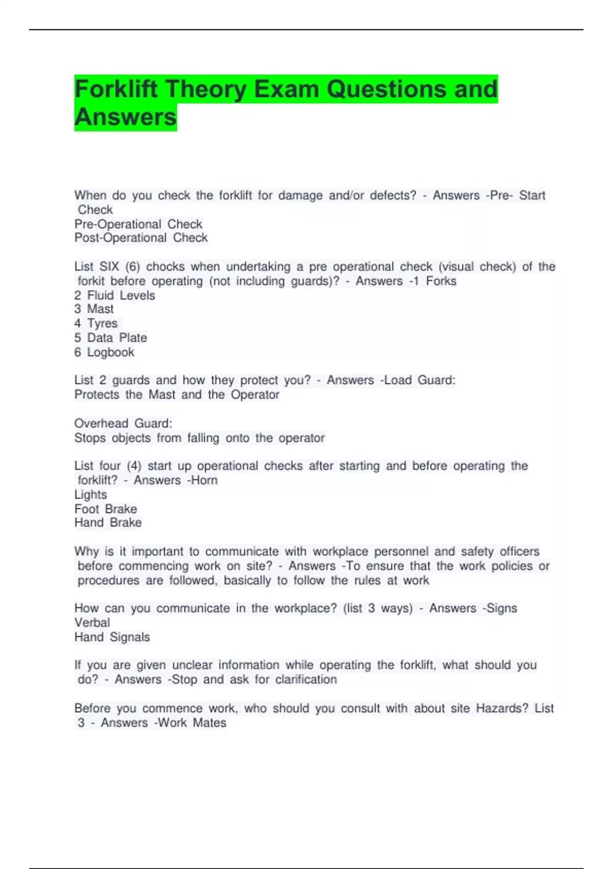 Forklift Theory Exam Questions and Answers - Forklift - Stuvia US