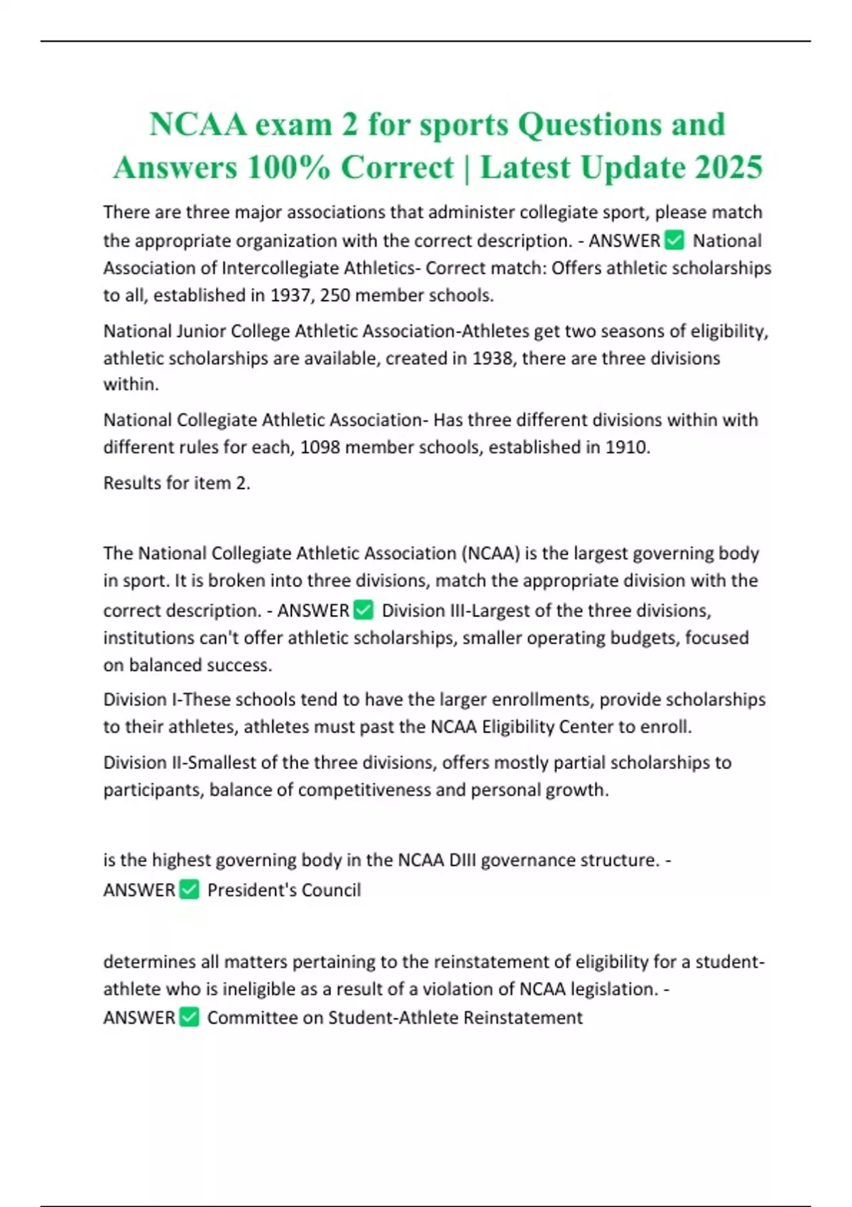 NCAA exam 2 for sports Questions and Answers 100% Correct | Latest ...