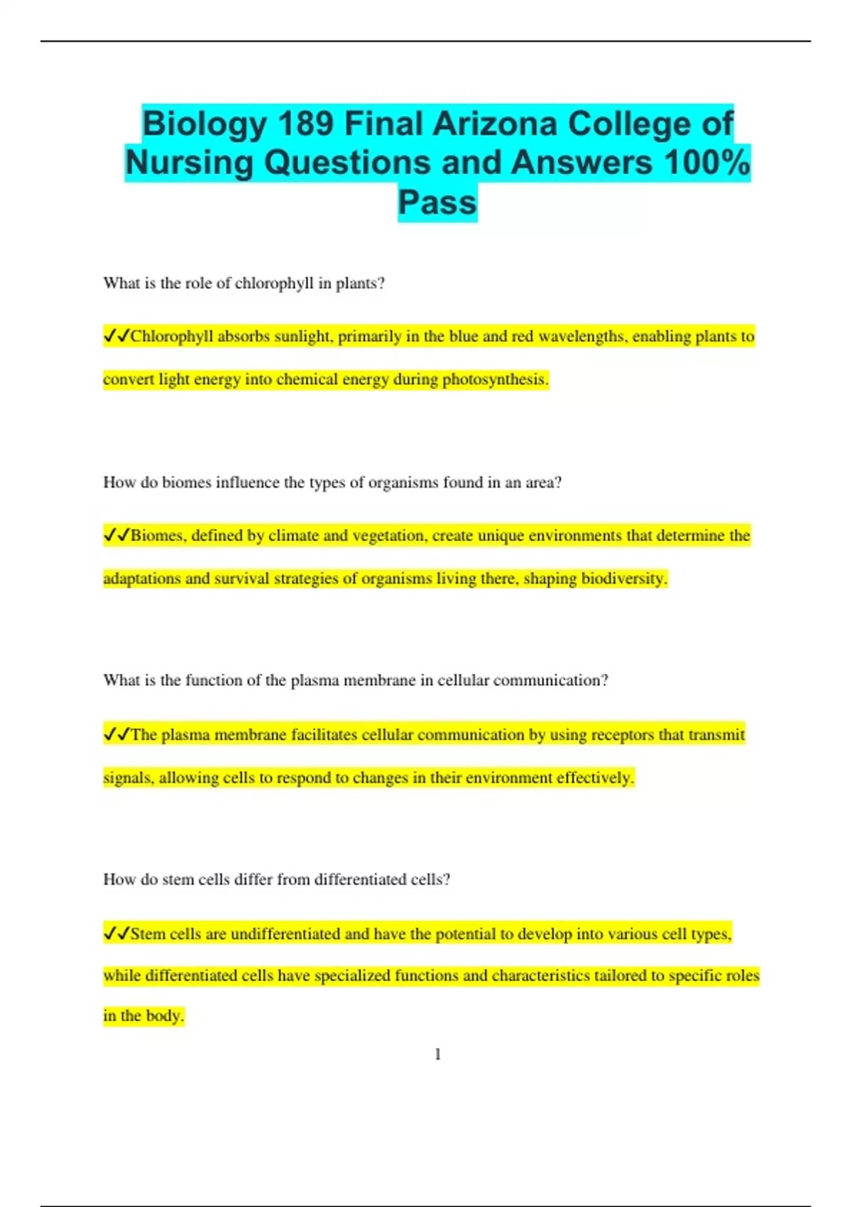 Biology 189 Final Arizona College of Nursing Questions and Answers 100% ...