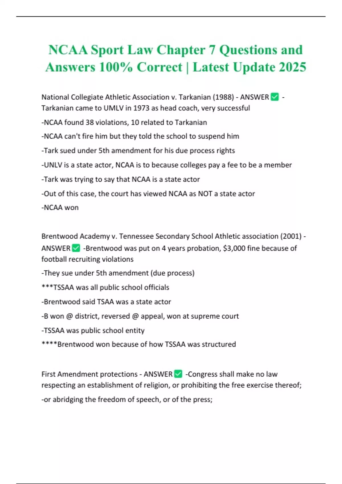 NCAA Sport Law Chapter 7 Questions and Answers 100% Correct | Latest ...