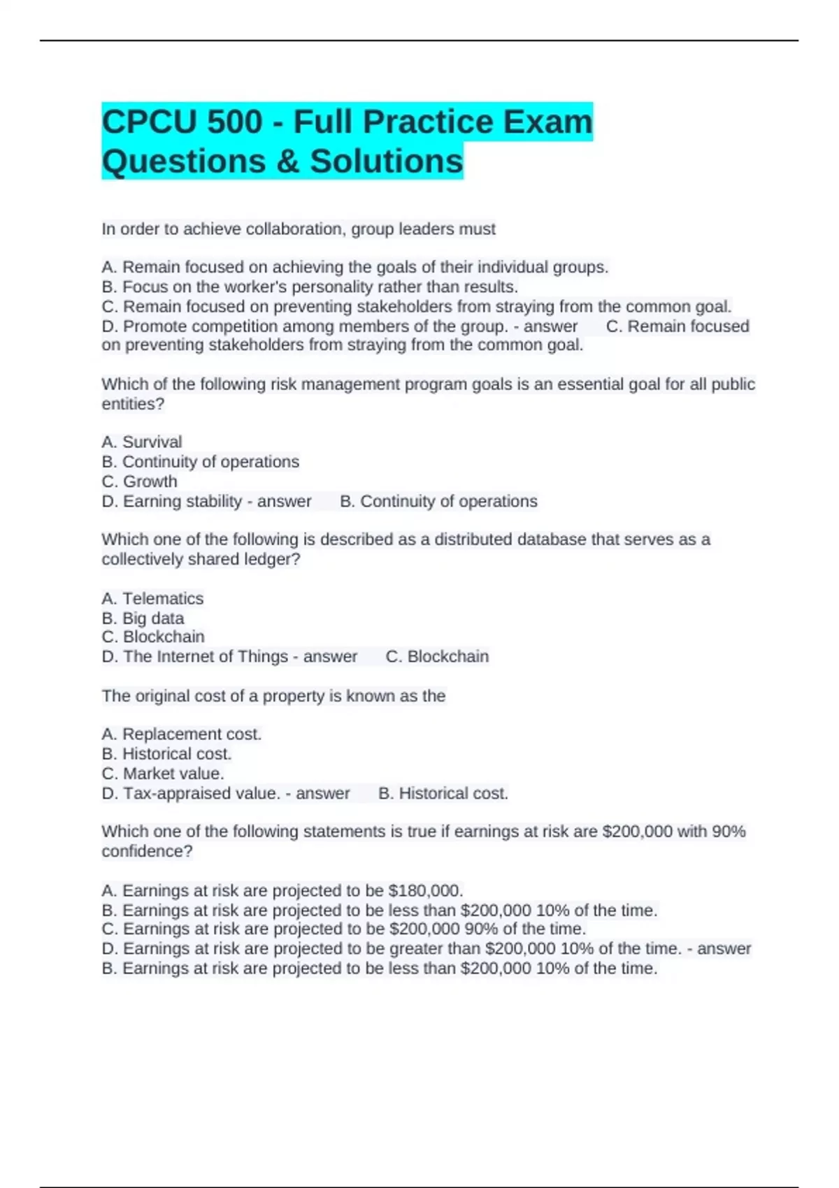 CPCU 500 - Full Practice Exam Questions & Solutions - CPCU - Chartered ...