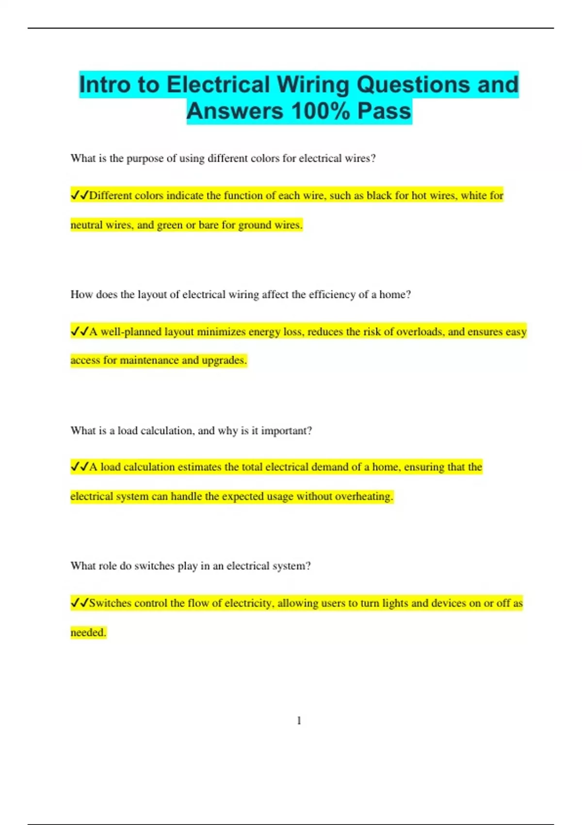 Intro to Electrical Wiring Questions and Answers 100% Pass - Intro to ...