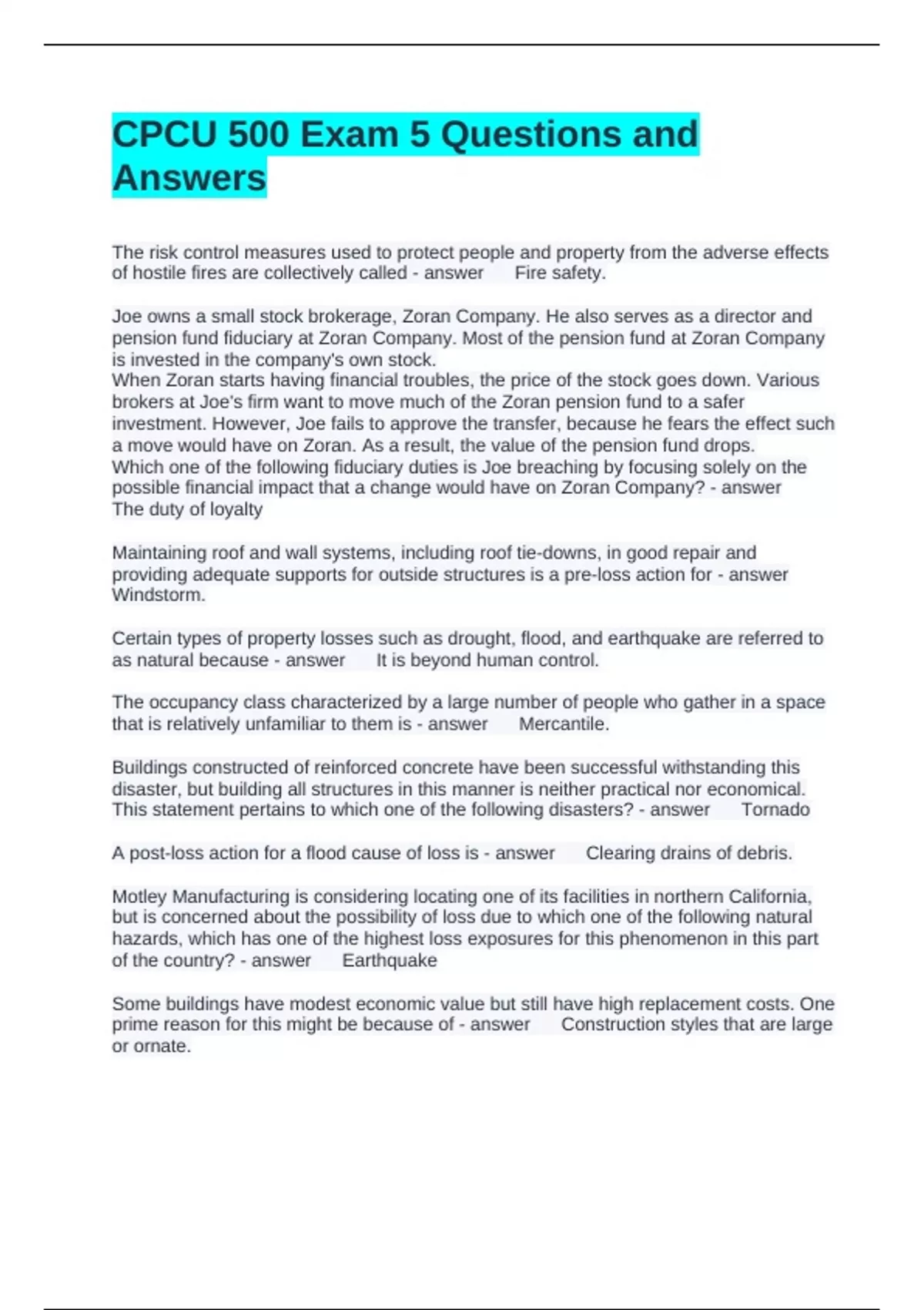 CPCU 500 Exam 5 Questions and Answers - CPCU - Chartered Property Casualty Underwriter - Stuvia US