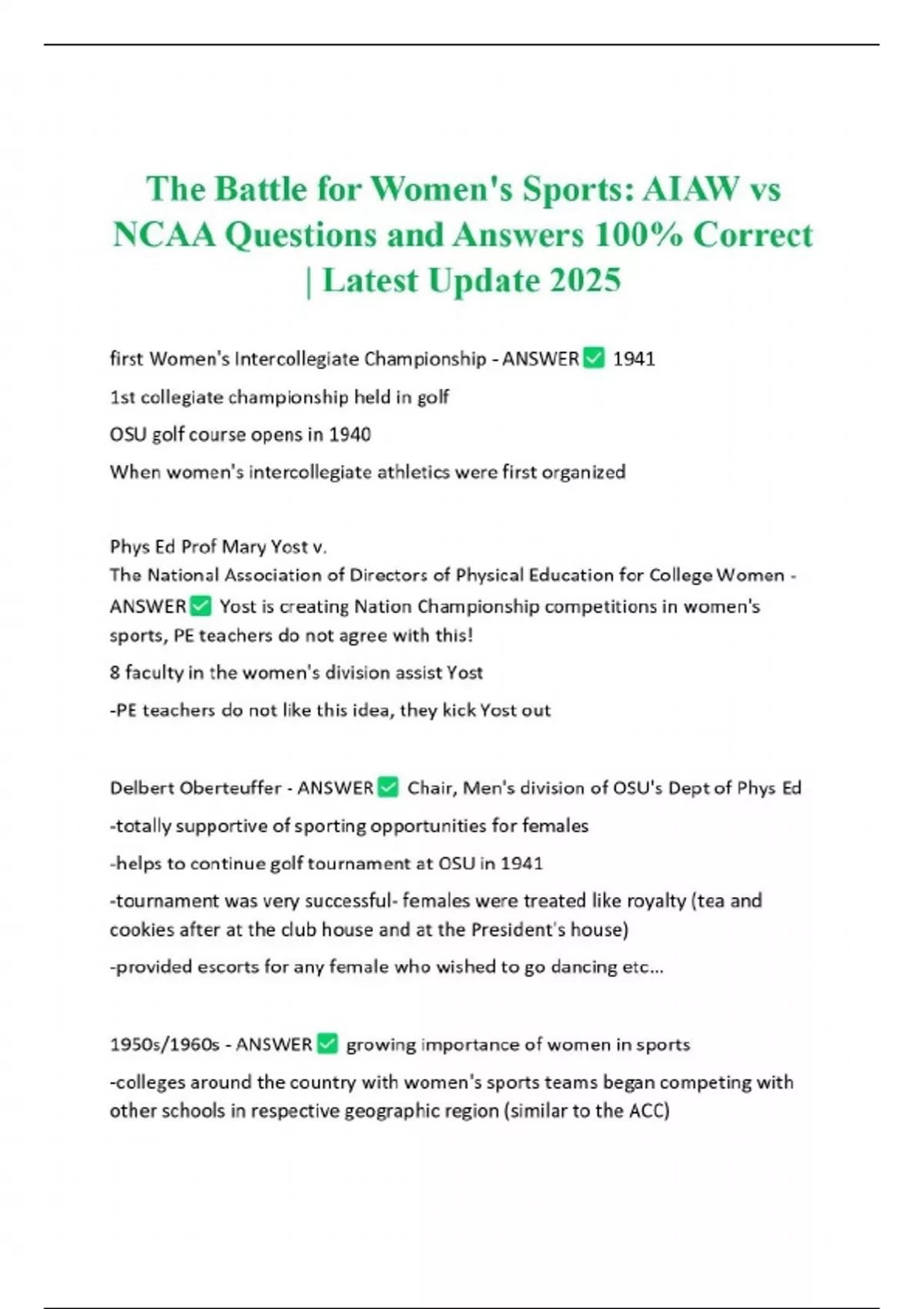 The Battle for Women's Sports: AIAW vs NCAA Questions and Answers 100% ...
