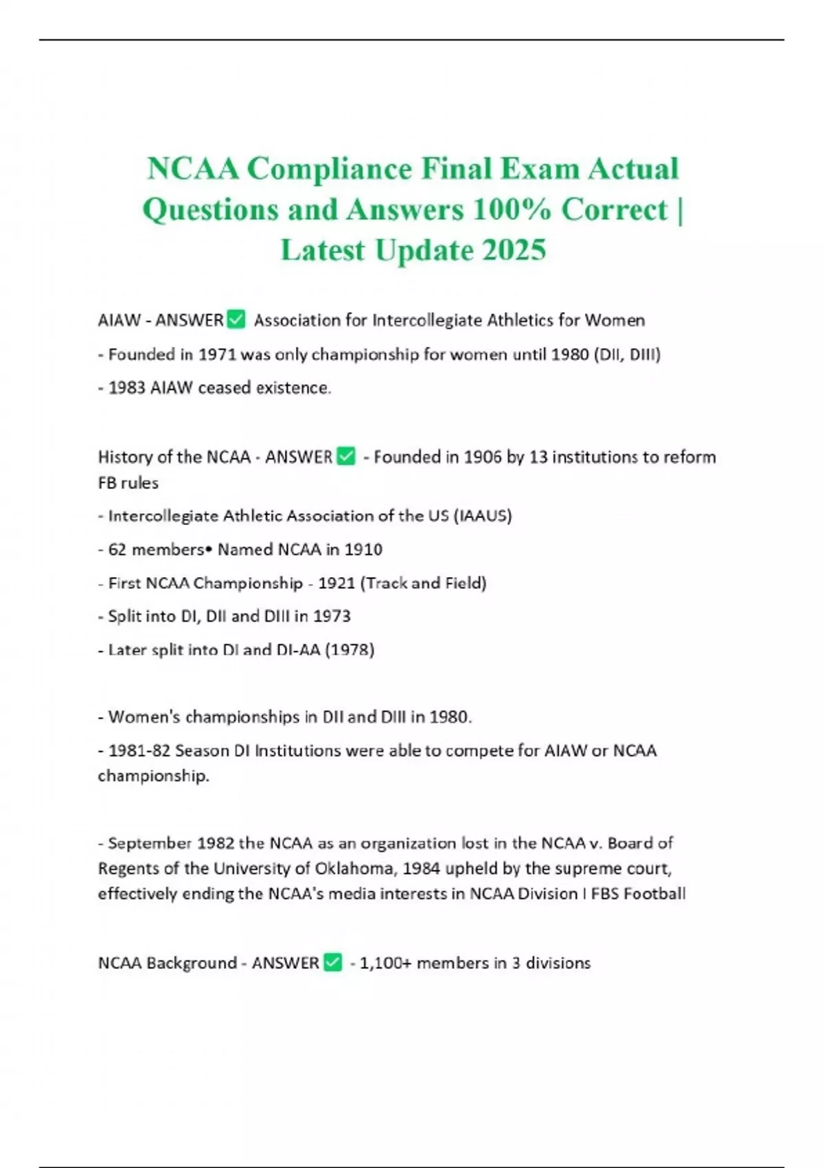 NCAA Compliance Final Exam Actual Questions and Answers 100% Correct ...