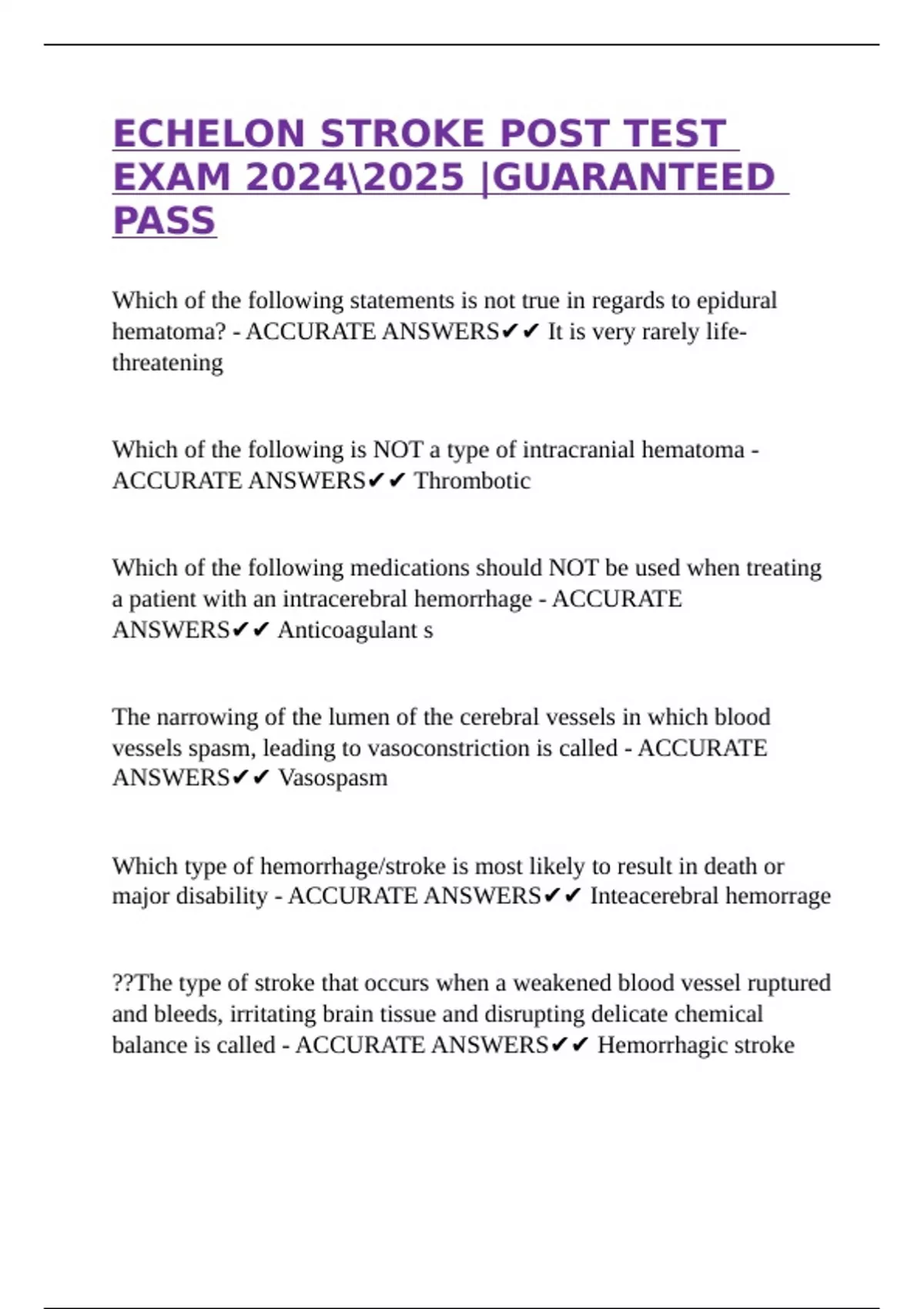 ECHELON STROKE POST TEST EXAM |GUARANTEED PASS - Echelon Stroke post ...