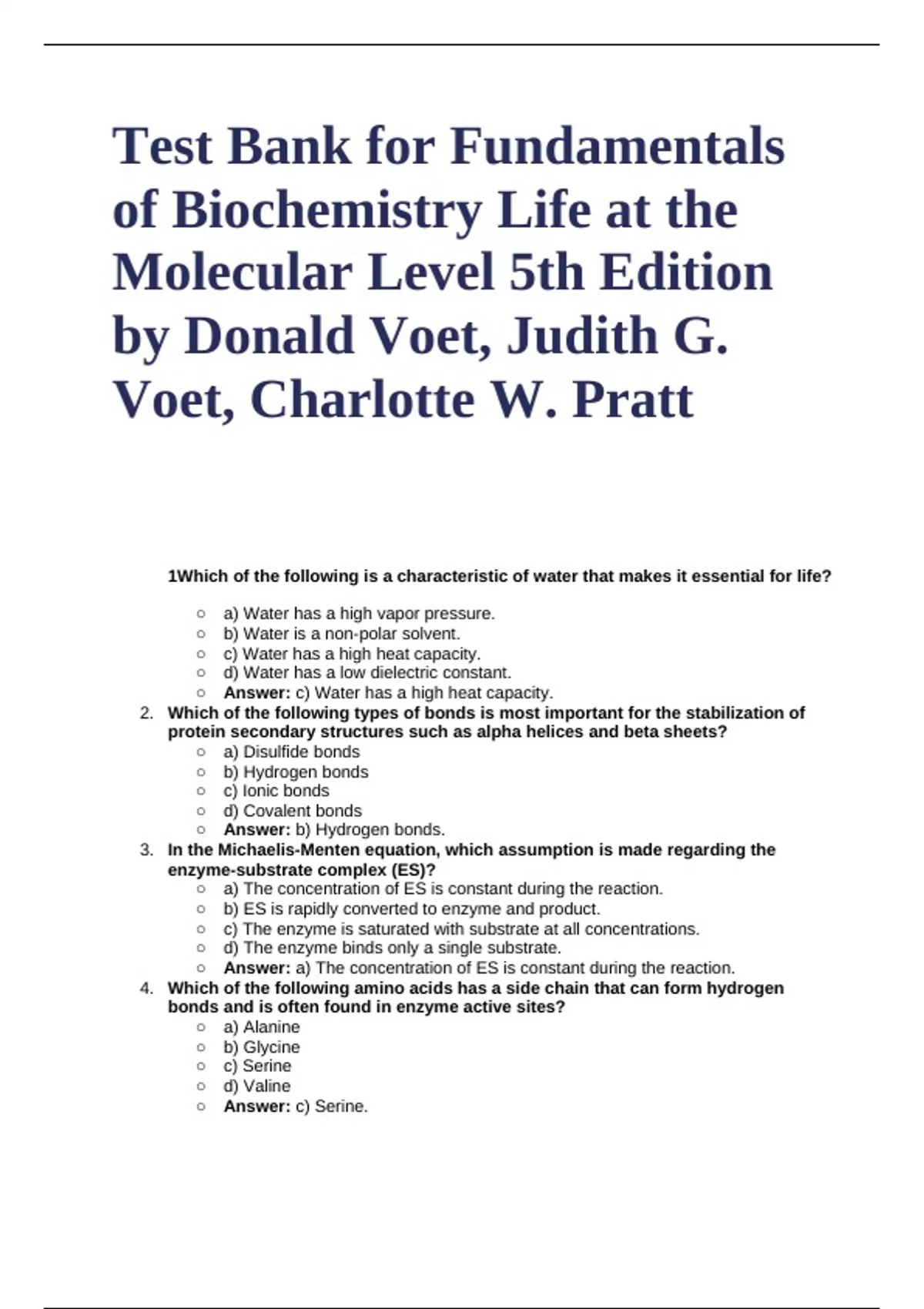 Test Bank for Fundamentals of Biochemistry Life at the Molecular Level ...