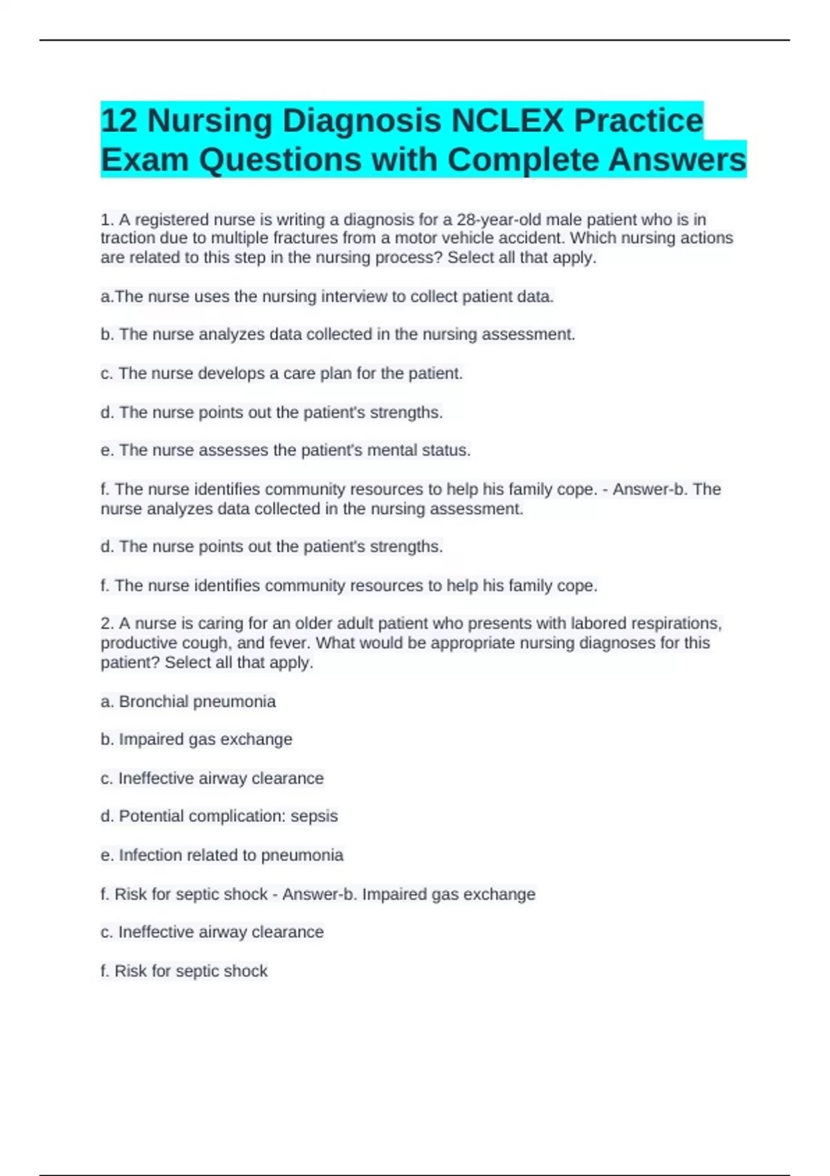 12 Nursing Diagnosis NCLEX Practice Exam Questions with Complete ...