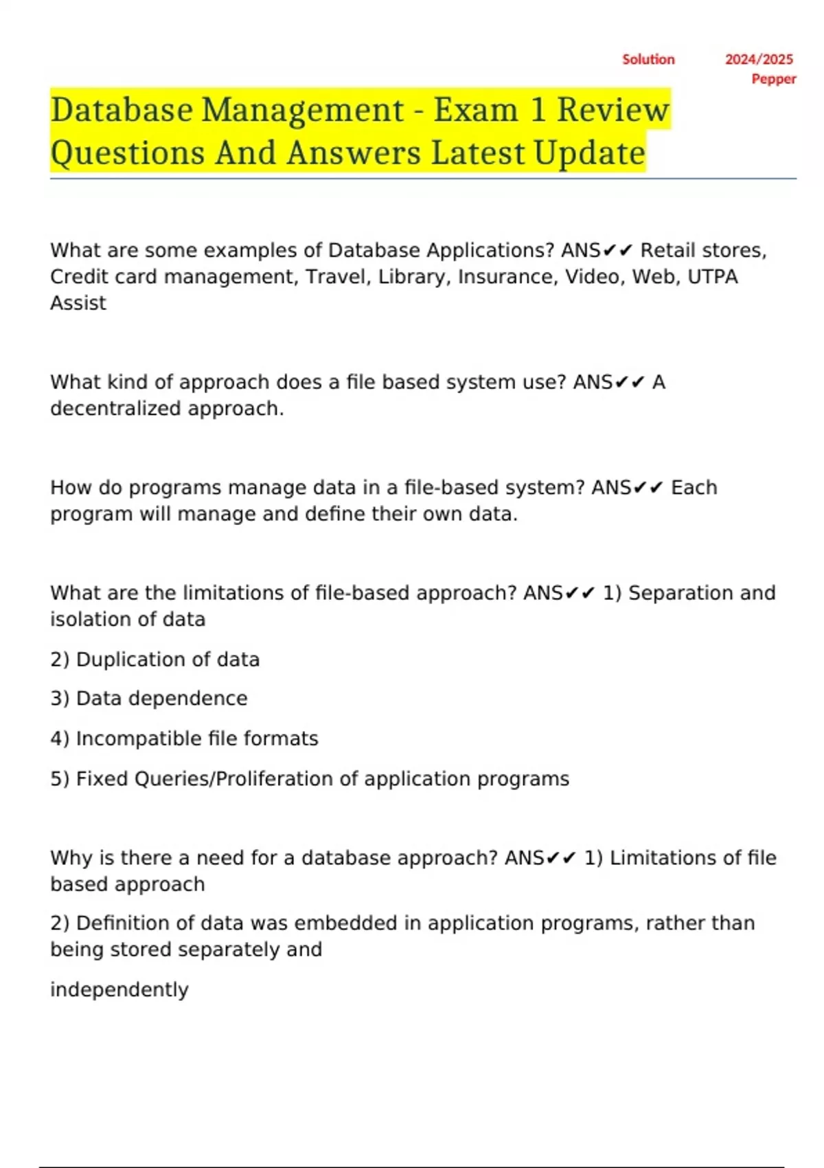 Database Management - Exam 1 Review Questions And Answers Latest Update ...
