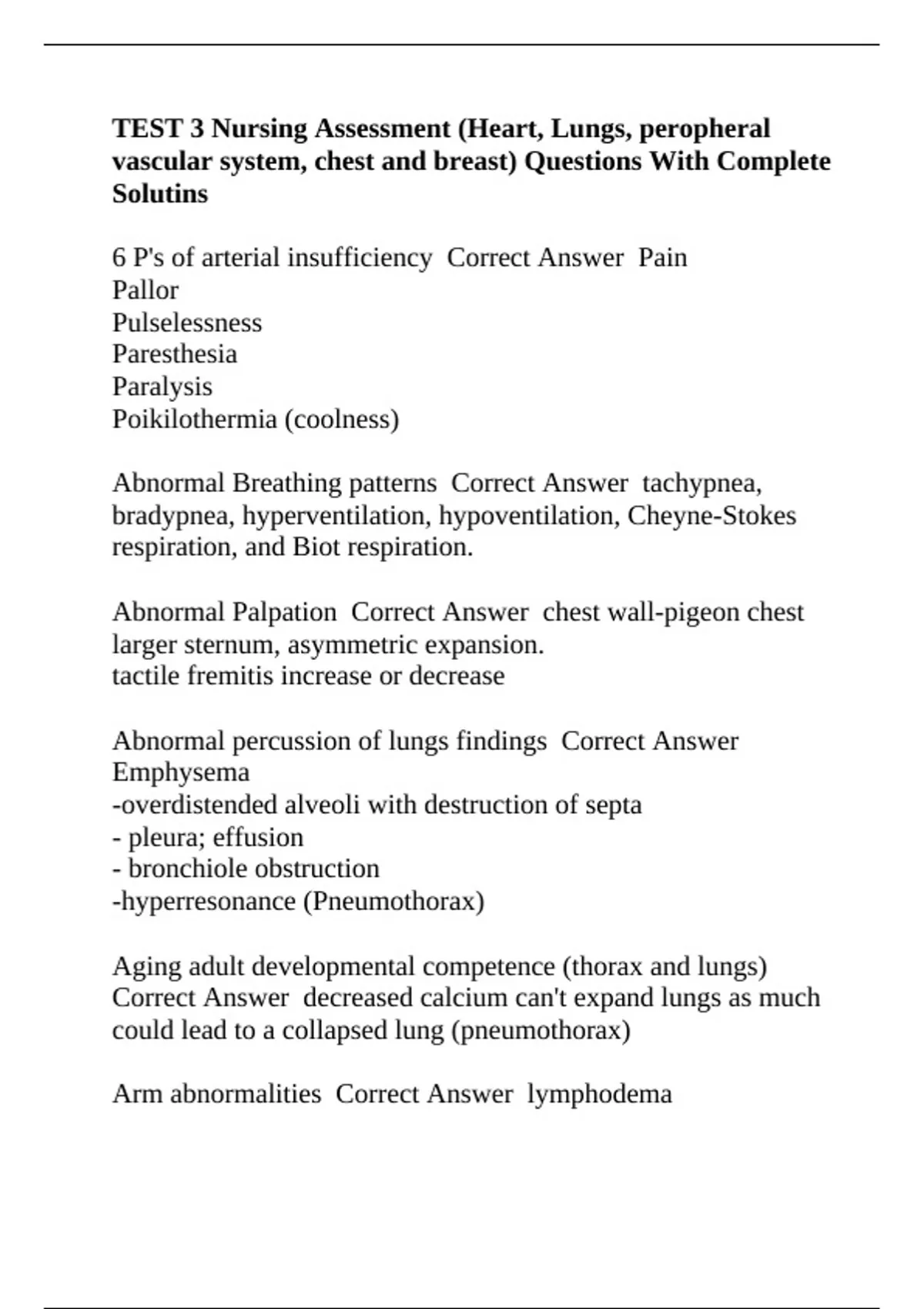 TEST 3 Nursing Assessment (Heart, Lungs, peropheral vascular system ...