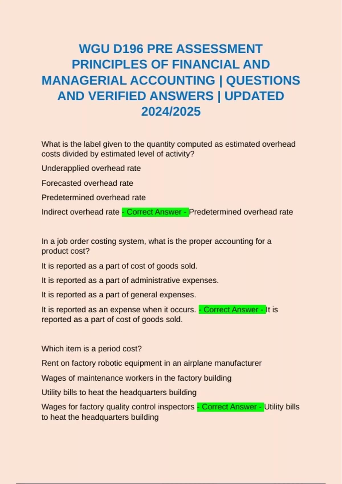 WGU D196 PRE ASSESSMENT PRINCIPLES OF FINANCIAL AND MANAGERIAL ...