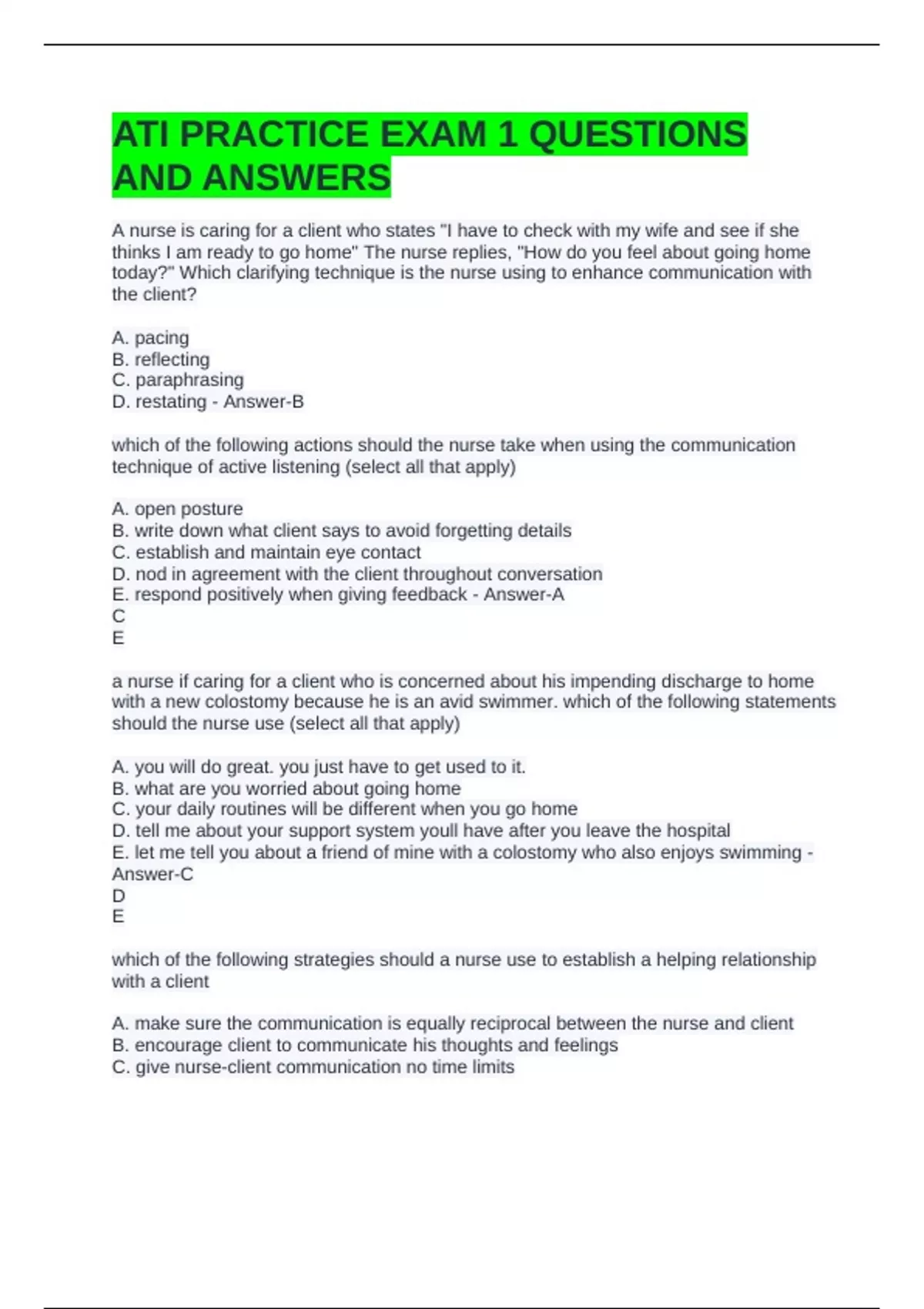 ATI PRACTICE EXAM 1 QUESTIONS AND ANSWERS - ATI PN - Stuvia US