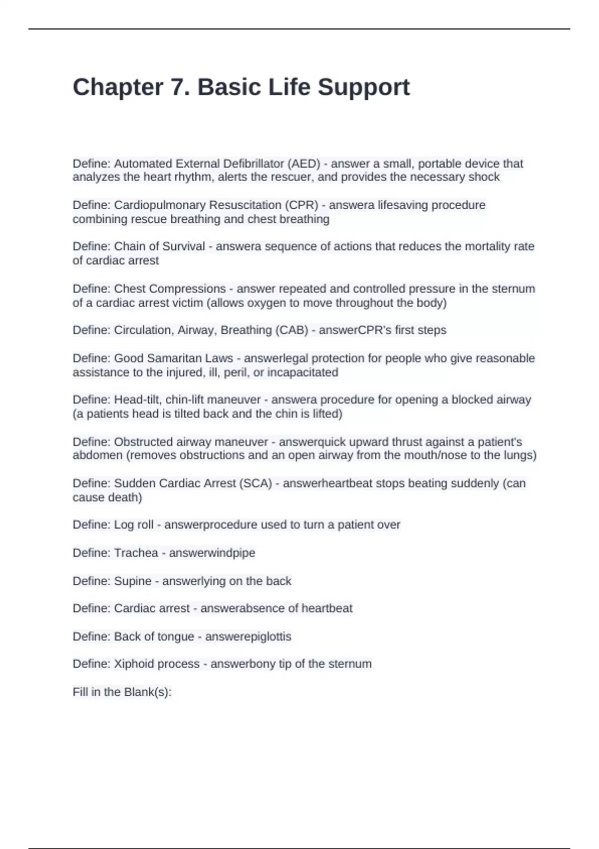 Chapter 7. Basic Life Support Questions with Accurate Answers - Basic ...