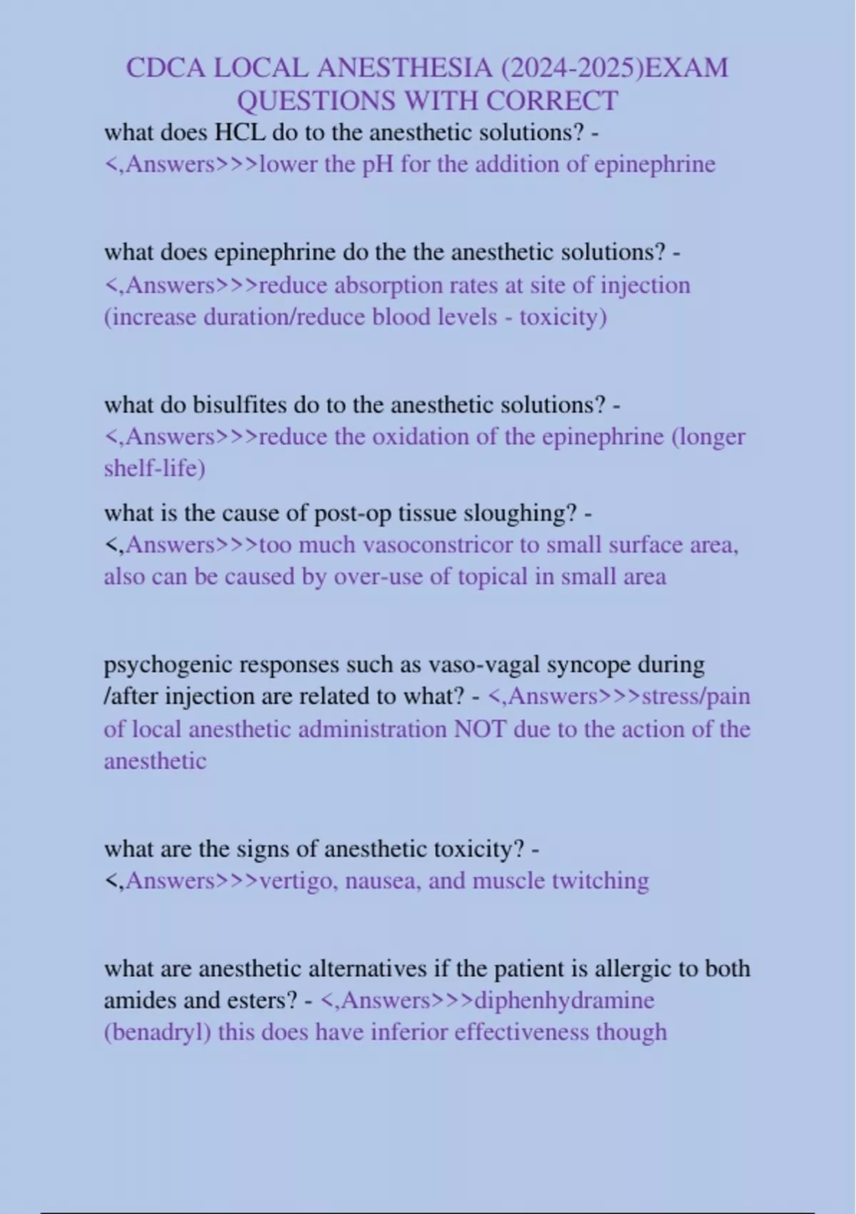 CDCA LOCAL ANESTHESIA ()EXAM QUESTIONS WITH CORRECT - CDCA LOCAL ...