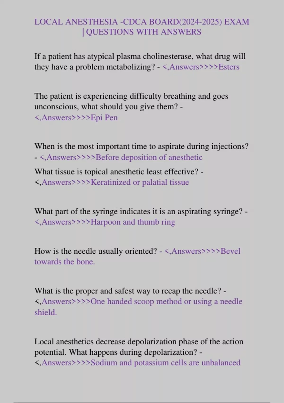 LOCAL ANESTHESIA -CDCA BOARD() EXAM | QUESTIONS WITH ANSWERS - LOCAL ...