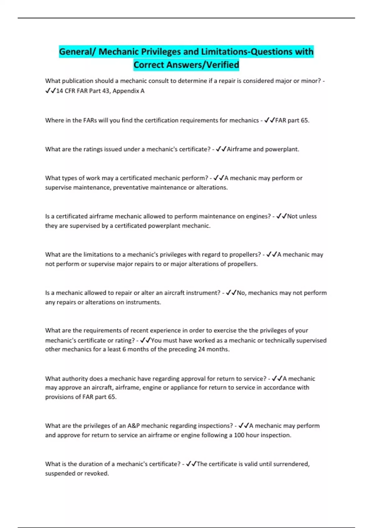 General/ Mechanic Privileges and Limitations-Questions with Correct ...