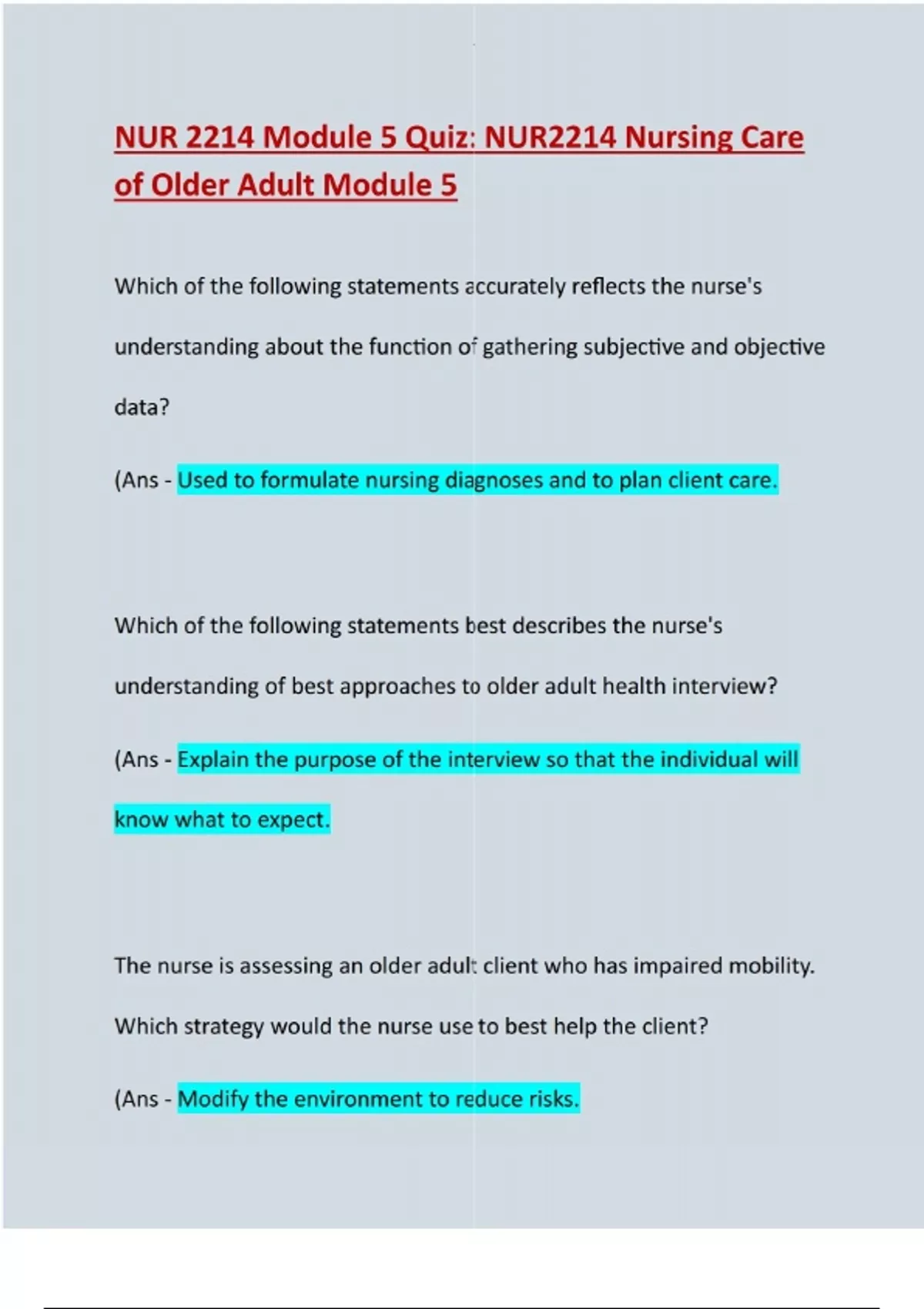 Module 5) NUR 2214: Module 5 Quiz: NUR2214 Nursing Care of Older Adult ...