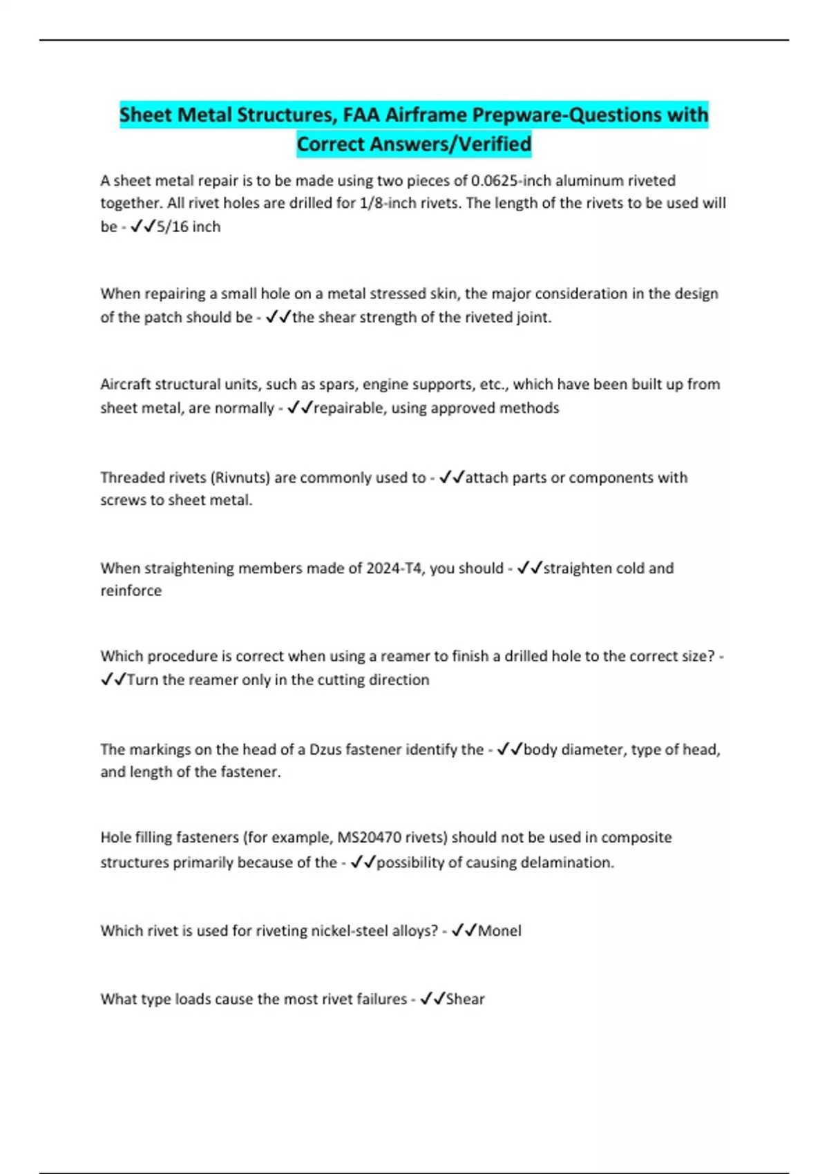 Sheet Metal Structures, FAA Airframe Prepware-Questions with Correct ...