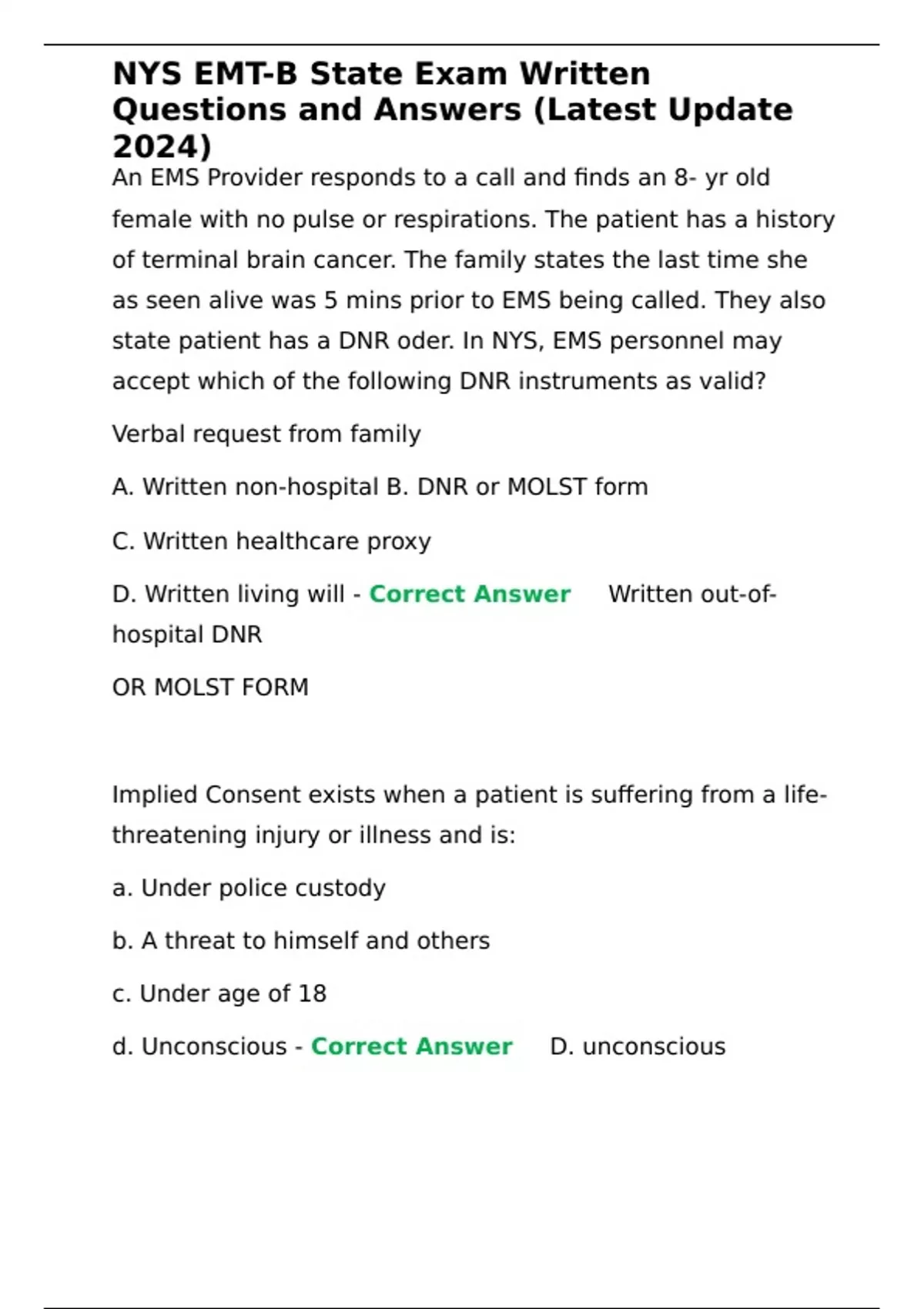 NYS EMT-B State Exam Written Questions and Answers (Latest Update 2024 ...