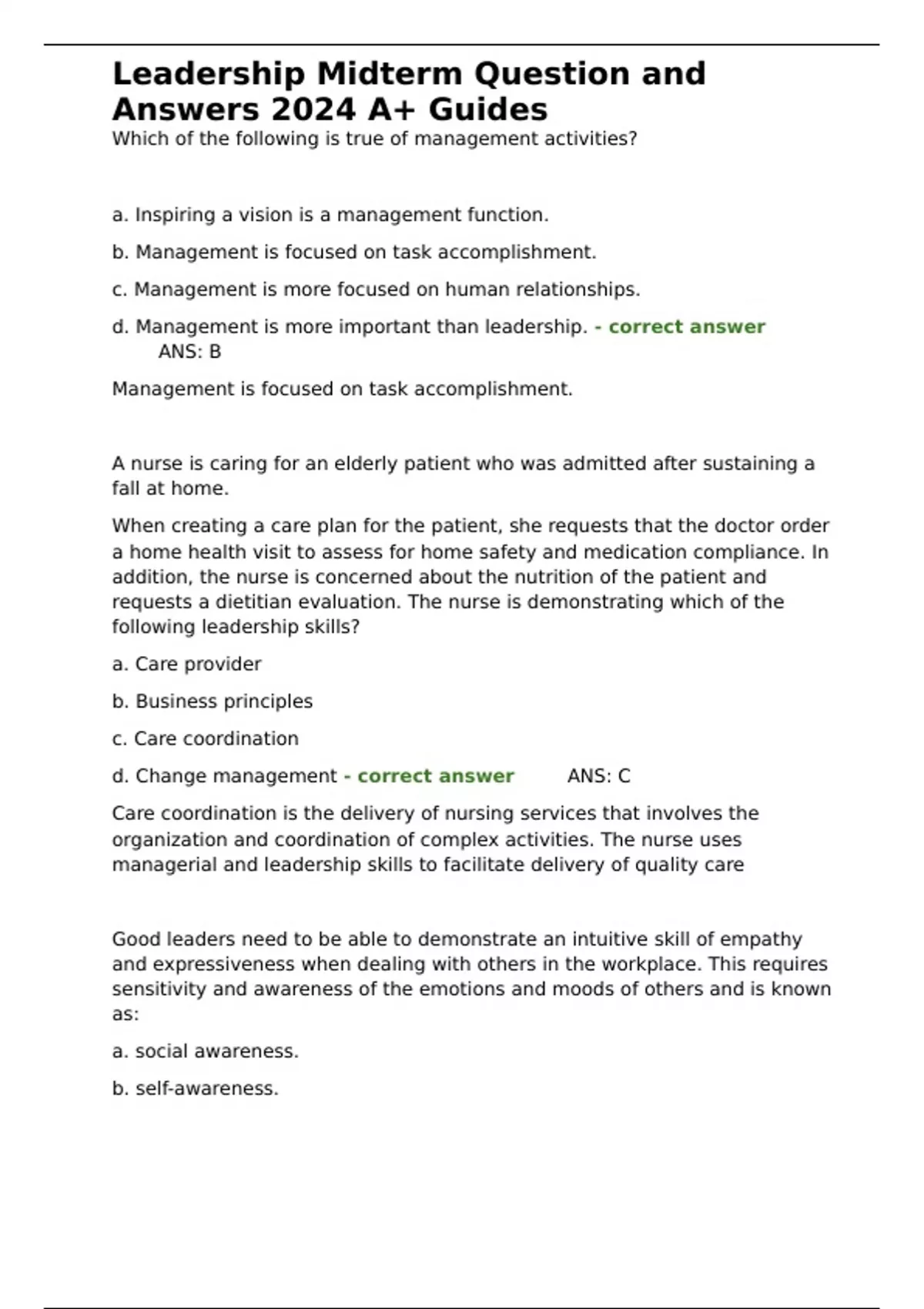 Leadership Midterm Question and Answers 2024 A+ Guides - Nursing ...