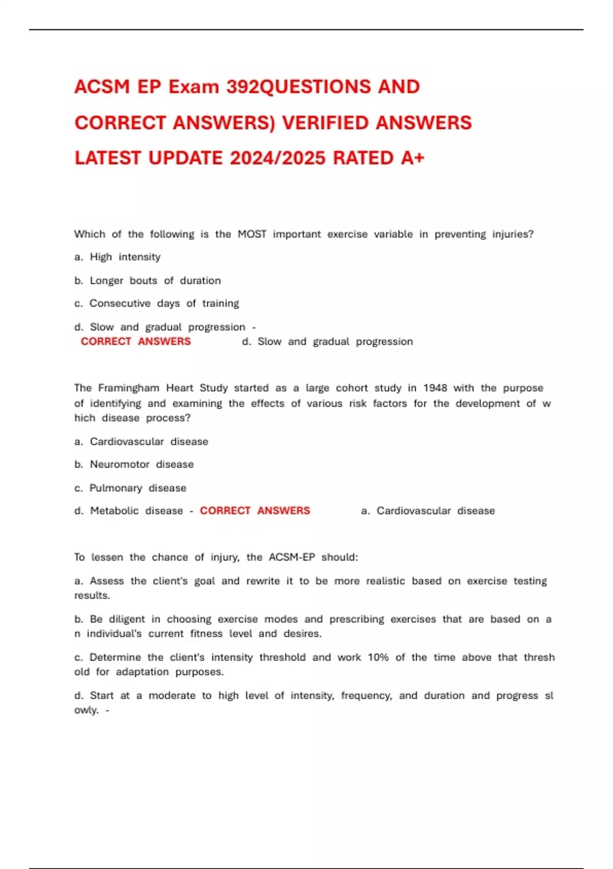 ACSM EP Exam 392QUESTIONS AND CORRECT ANSWERS) VERIFIED ANSWERS LATEST ...