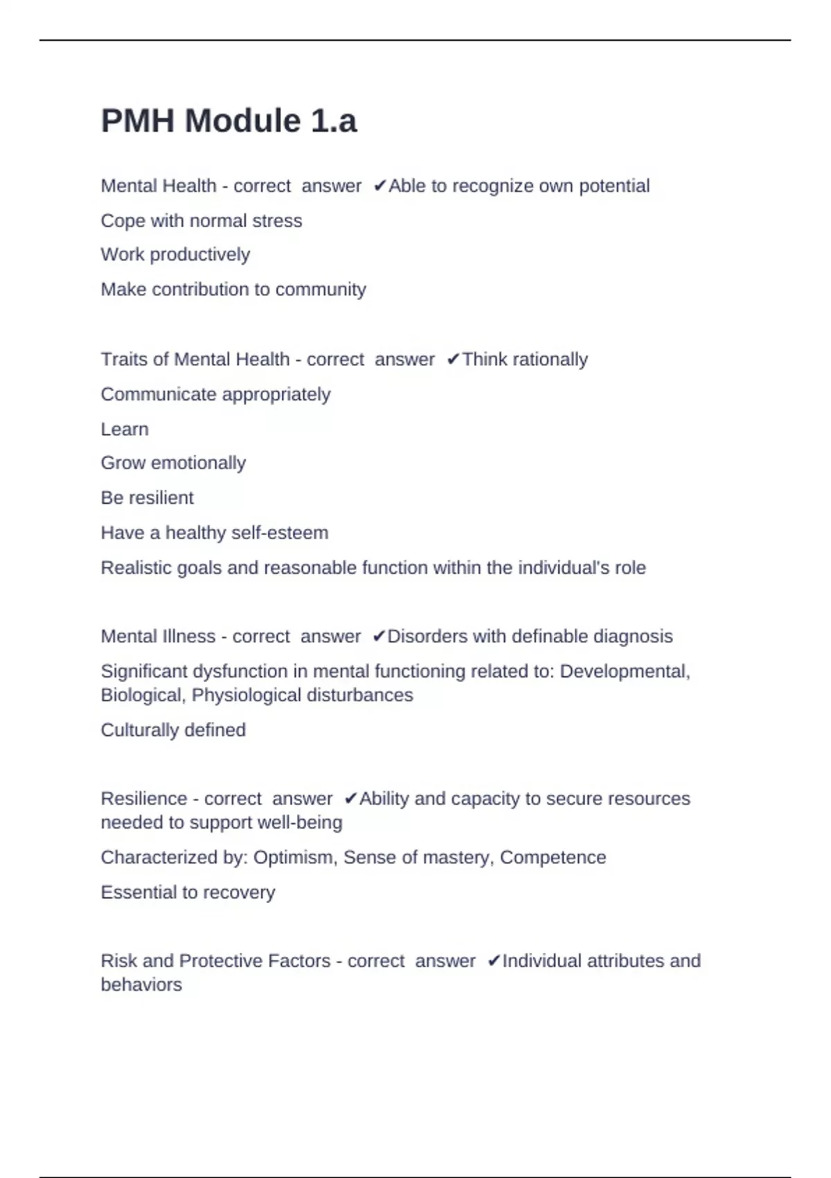 PMH Module 1 Questions with complete solution - PMHNP - Stuvia US