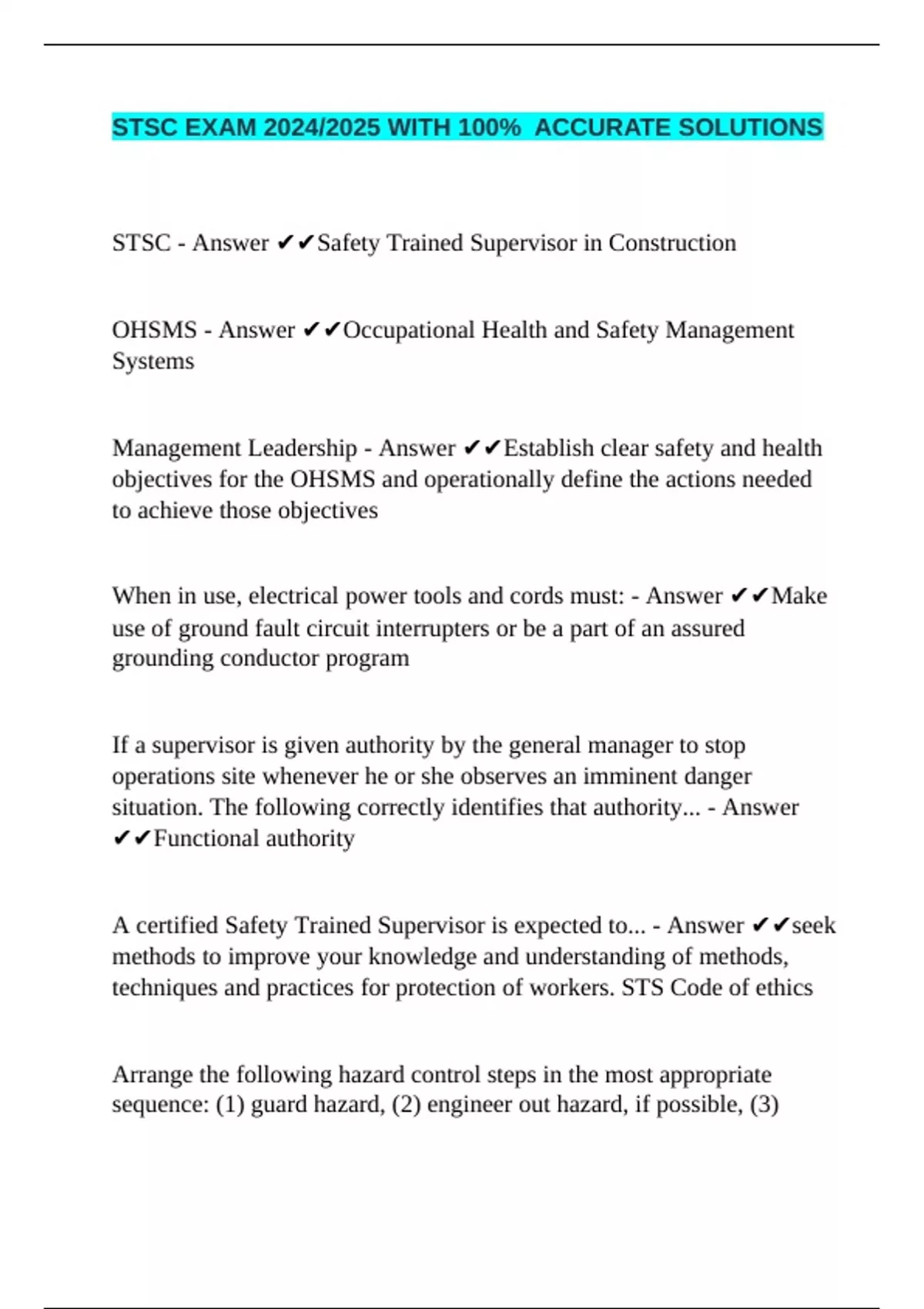 STSC EXAM 2024/2025 WITH 100% ACCURATE SOLUTIONS - STSC - Stuvia US