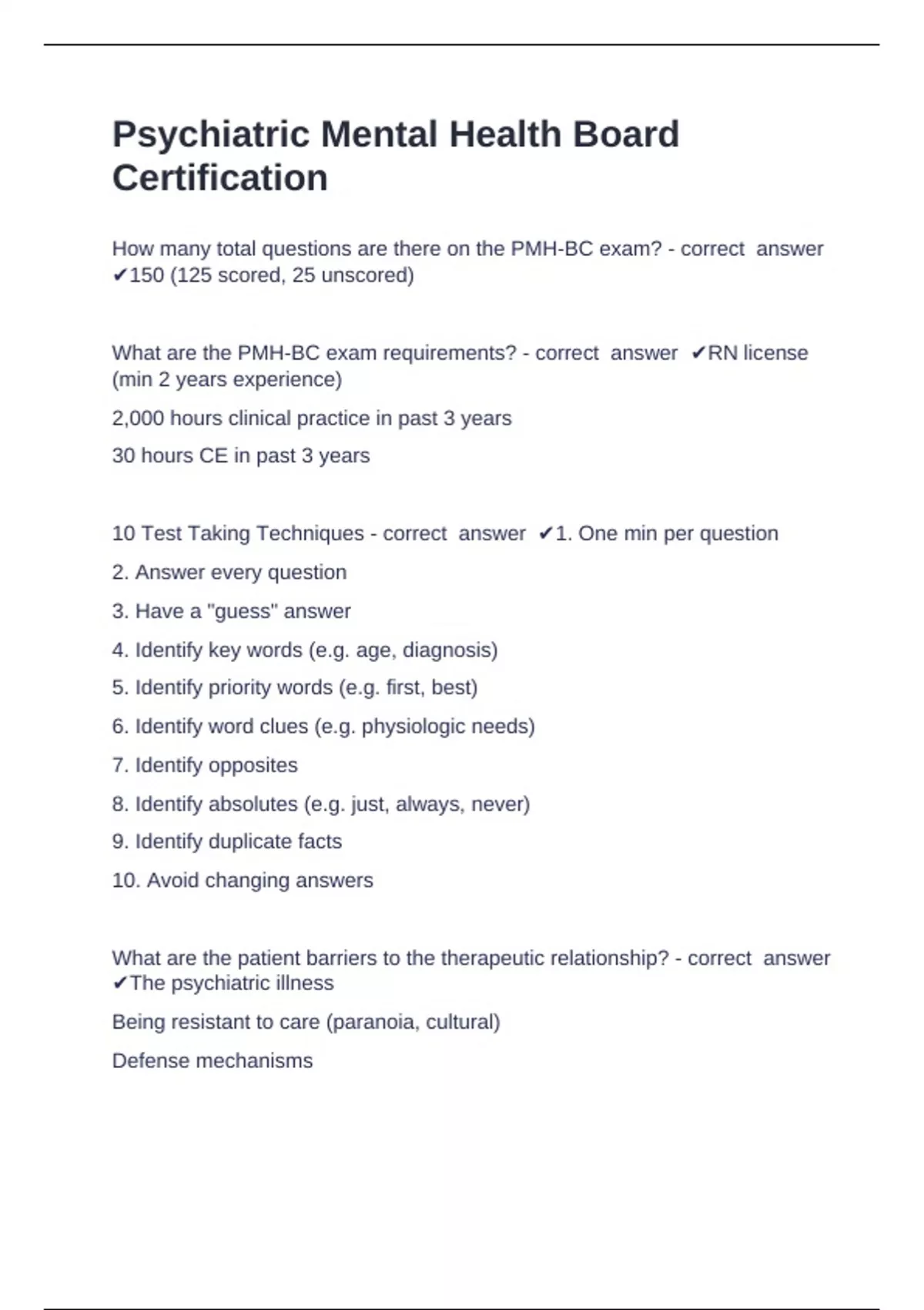 Psychiatric Mental Health Board Certification Questions with complete ...